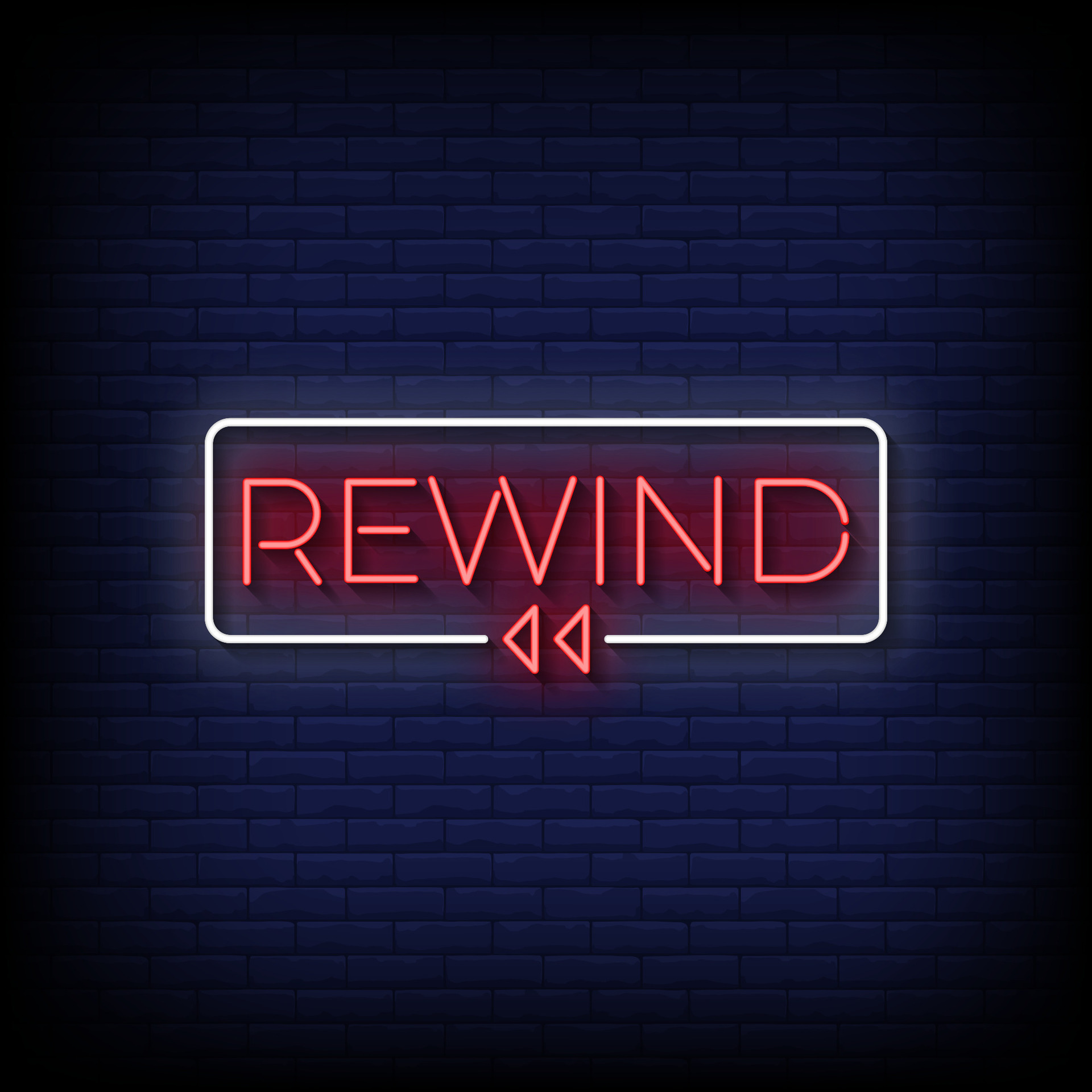 rewind neon sign with brick wall background 49748419 Vector Art at Vecteezy