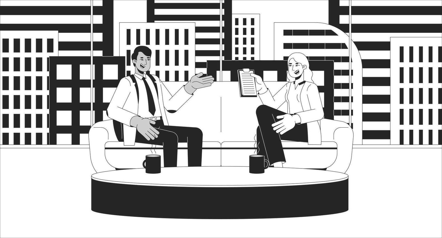 Interview show on TV black and white line illustration. Interviewer ... Interview show on TV black and white line illustration. Interviewer ...