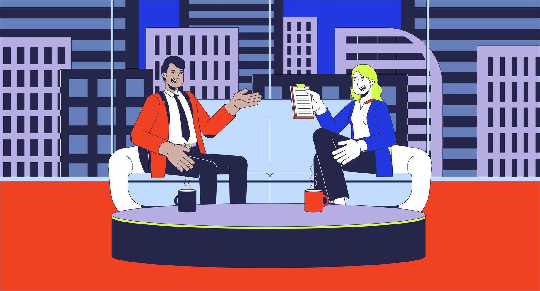 Interview show on TV flat illustration. Interviewer asking questions ... Interview show on TV flat illustration. Interviewer asking questions ...
