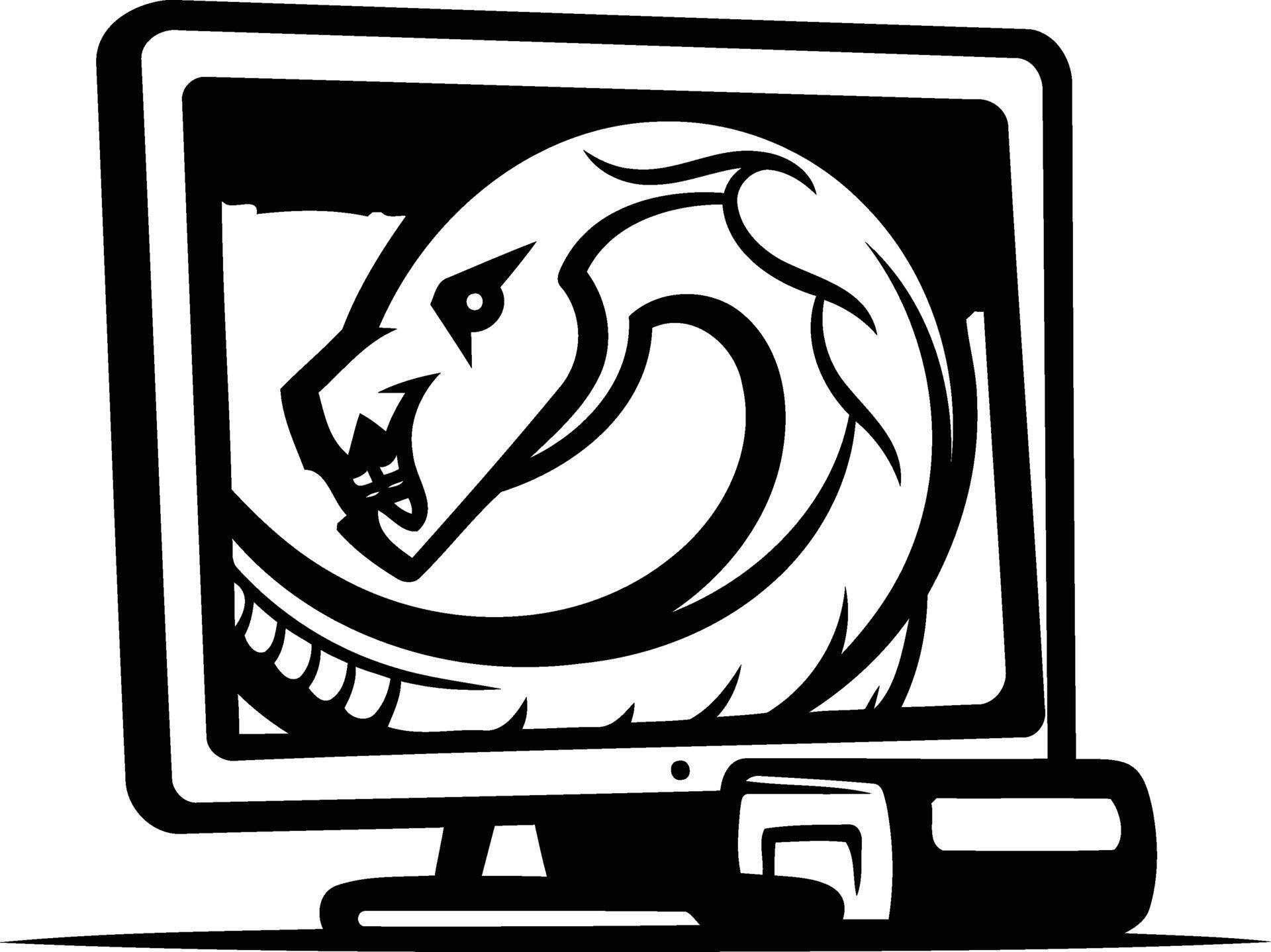 A bold and graphic black and white illustration of a computer monitor with a stylized snake ...
