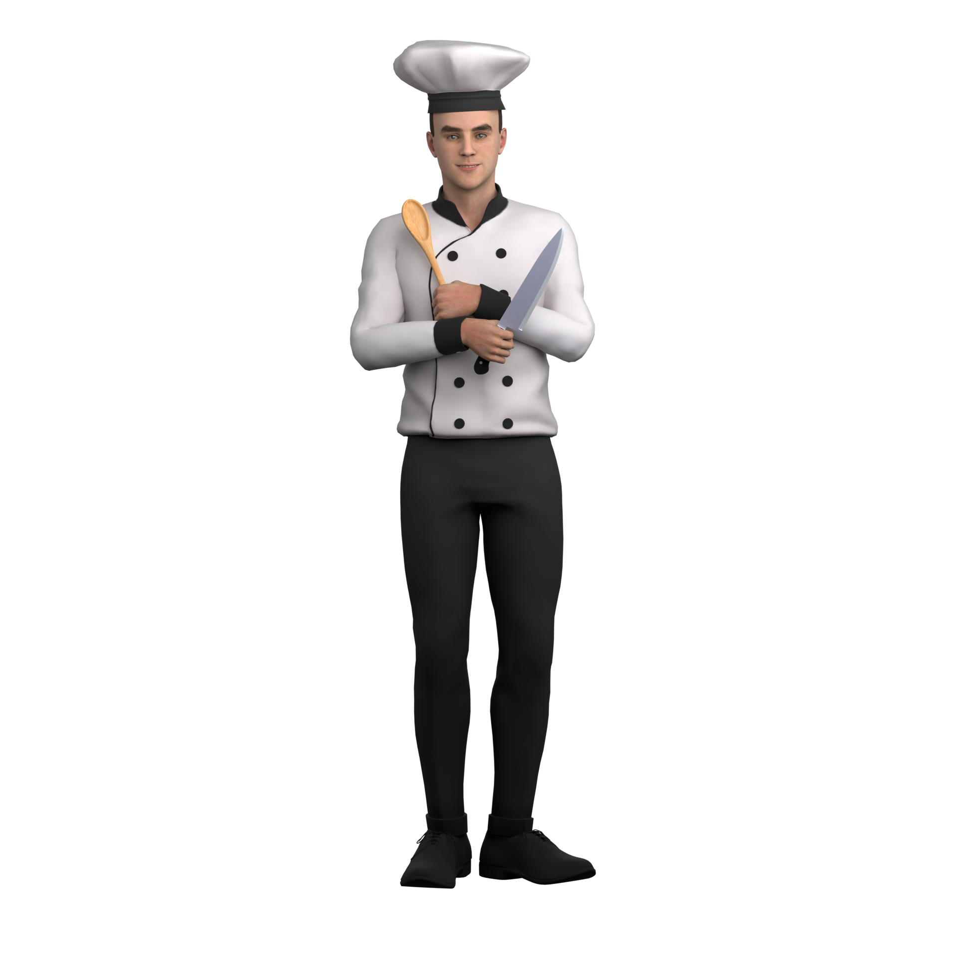 Illustrated Culinary Expert. A male chef holds a wooden spoon and a ...