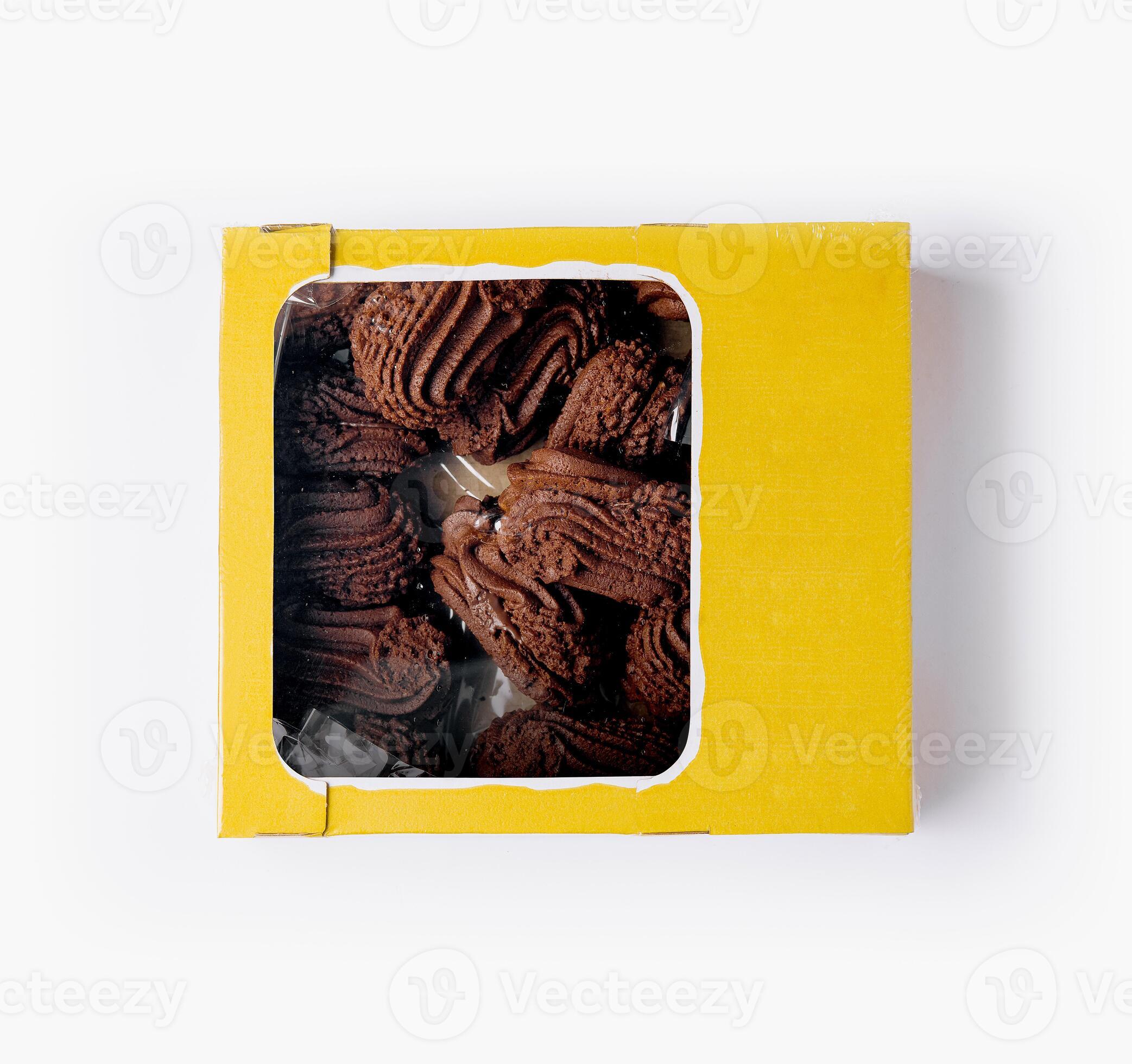 Chocolate Filled Cookies Inside Cardboard Box With Window On White Background 49789004 Stock