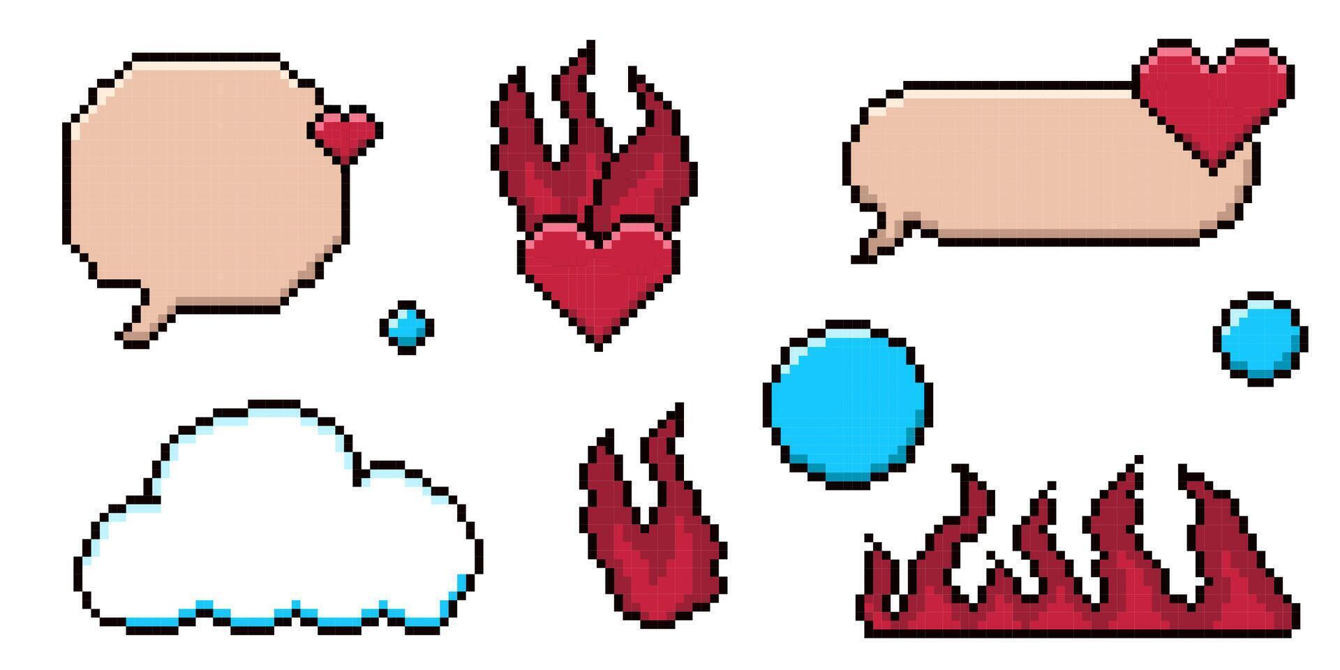 Set of pixel art dialogue box, heart, star, cloud. Speech bubbles in the mood of 90s aesthetics ...