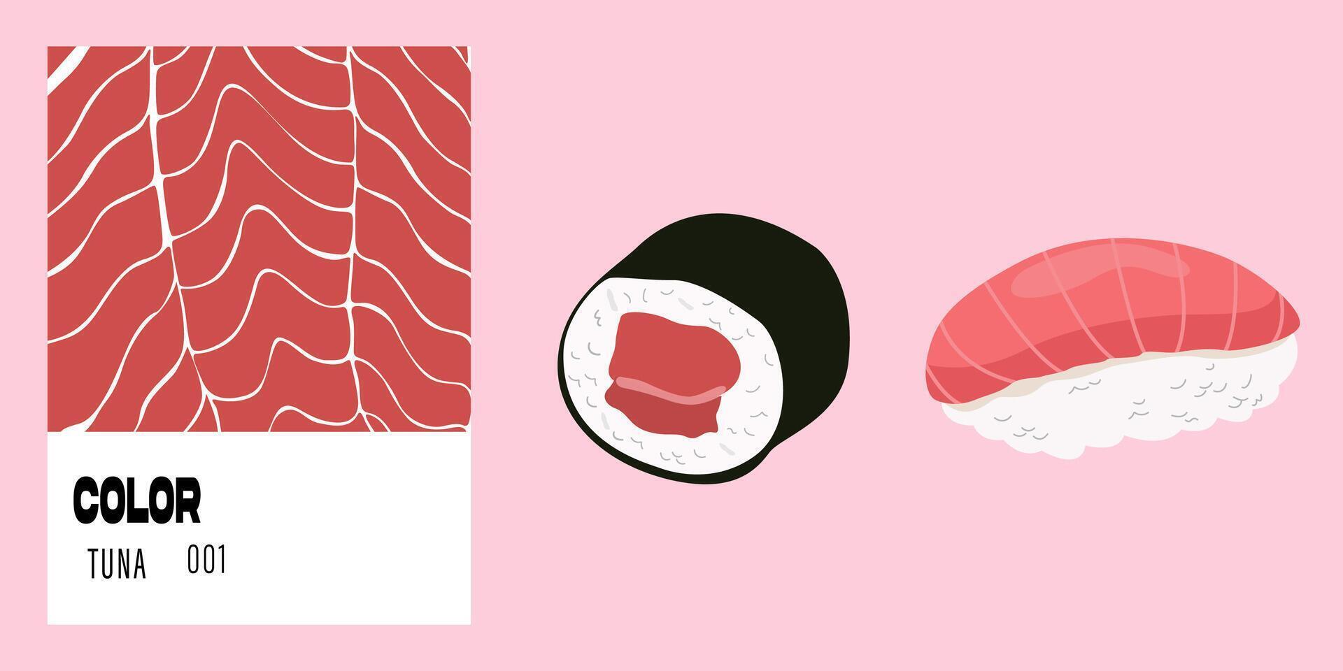 Modern colour palette of orange. Asia sushi color catalog. Tuna, caviar and salmon flat poster ...