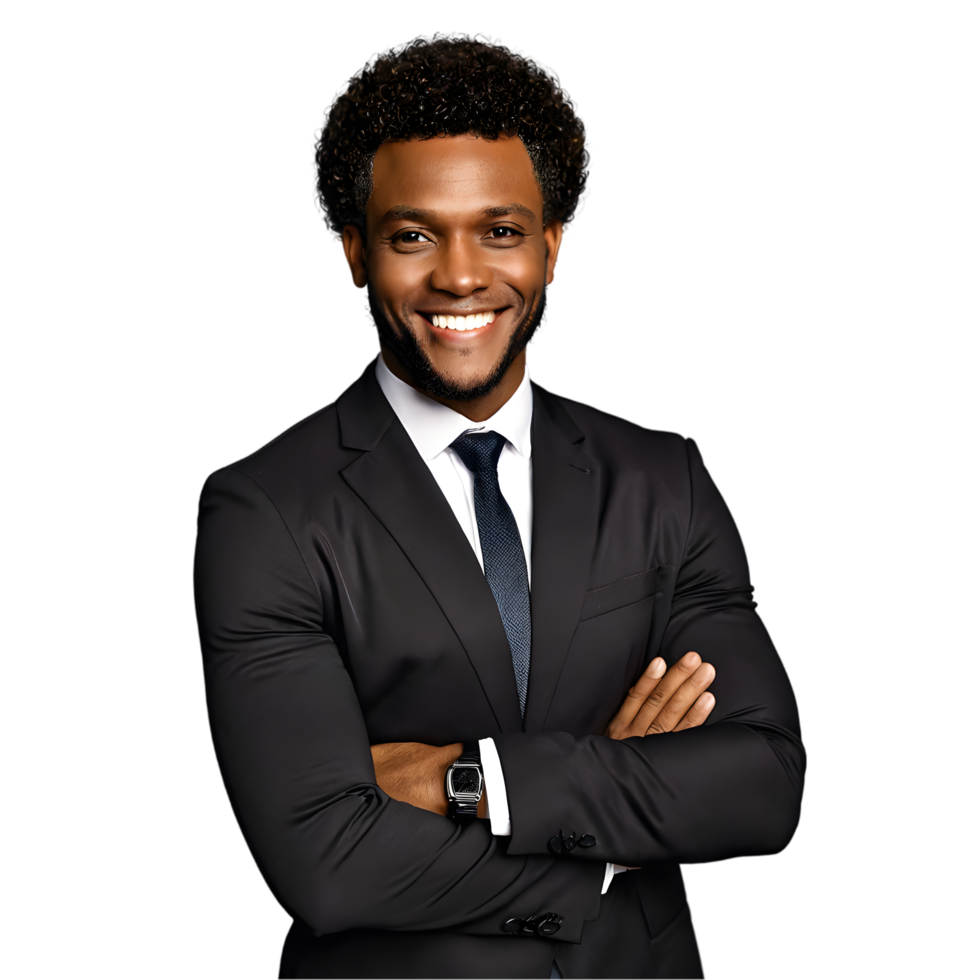 Confident African American businessman smiling in black suit white ...