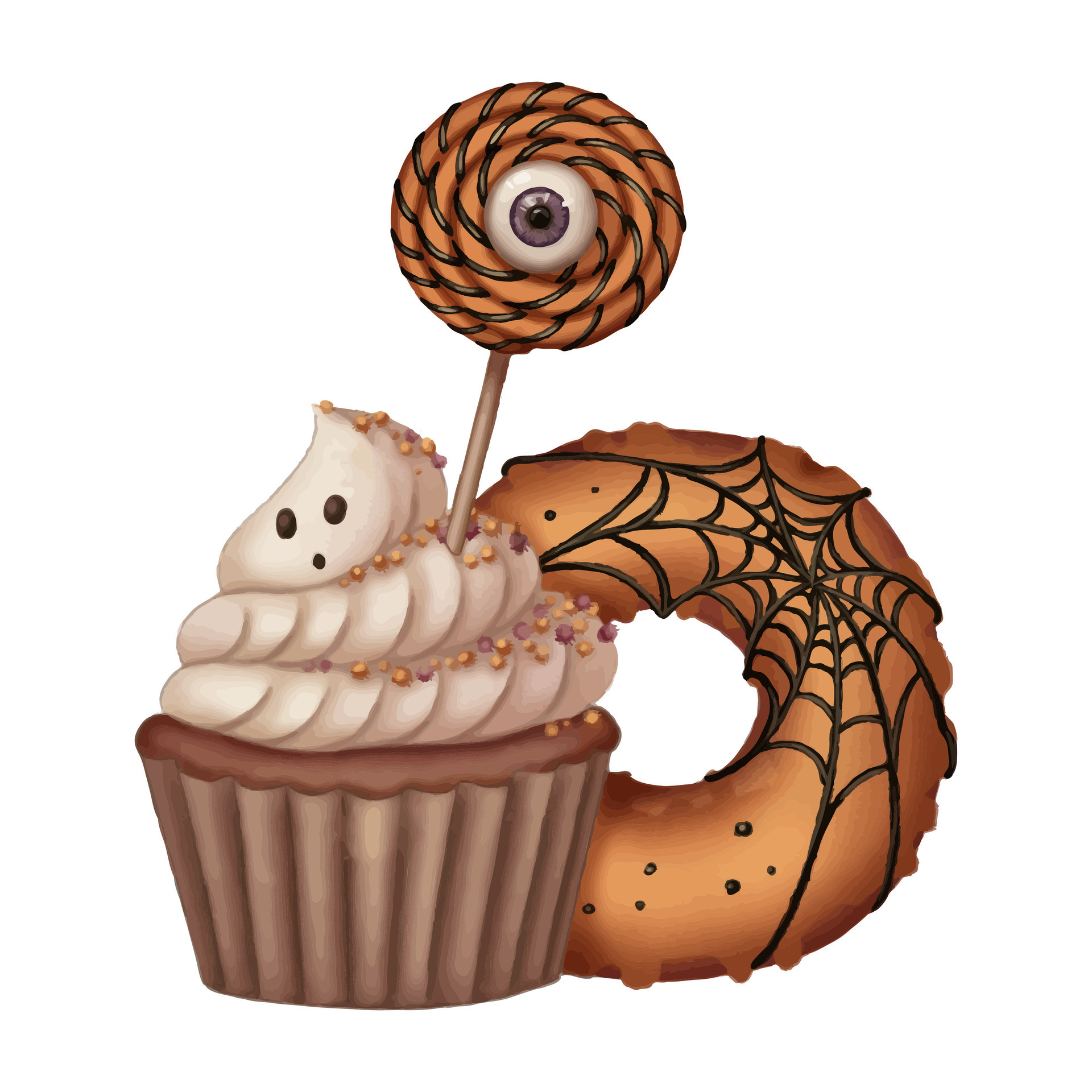 Halloween candy with ghost cupcake and lollipop with eye in cartoon ...