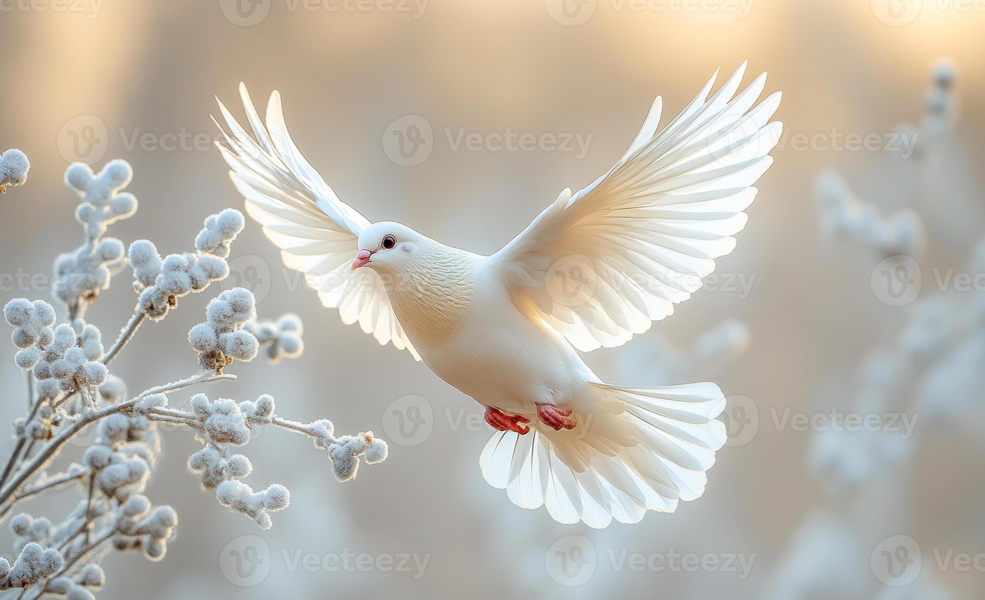 A white dove is flying in the air above a field of white flowers. Concept of peace and freedom ...