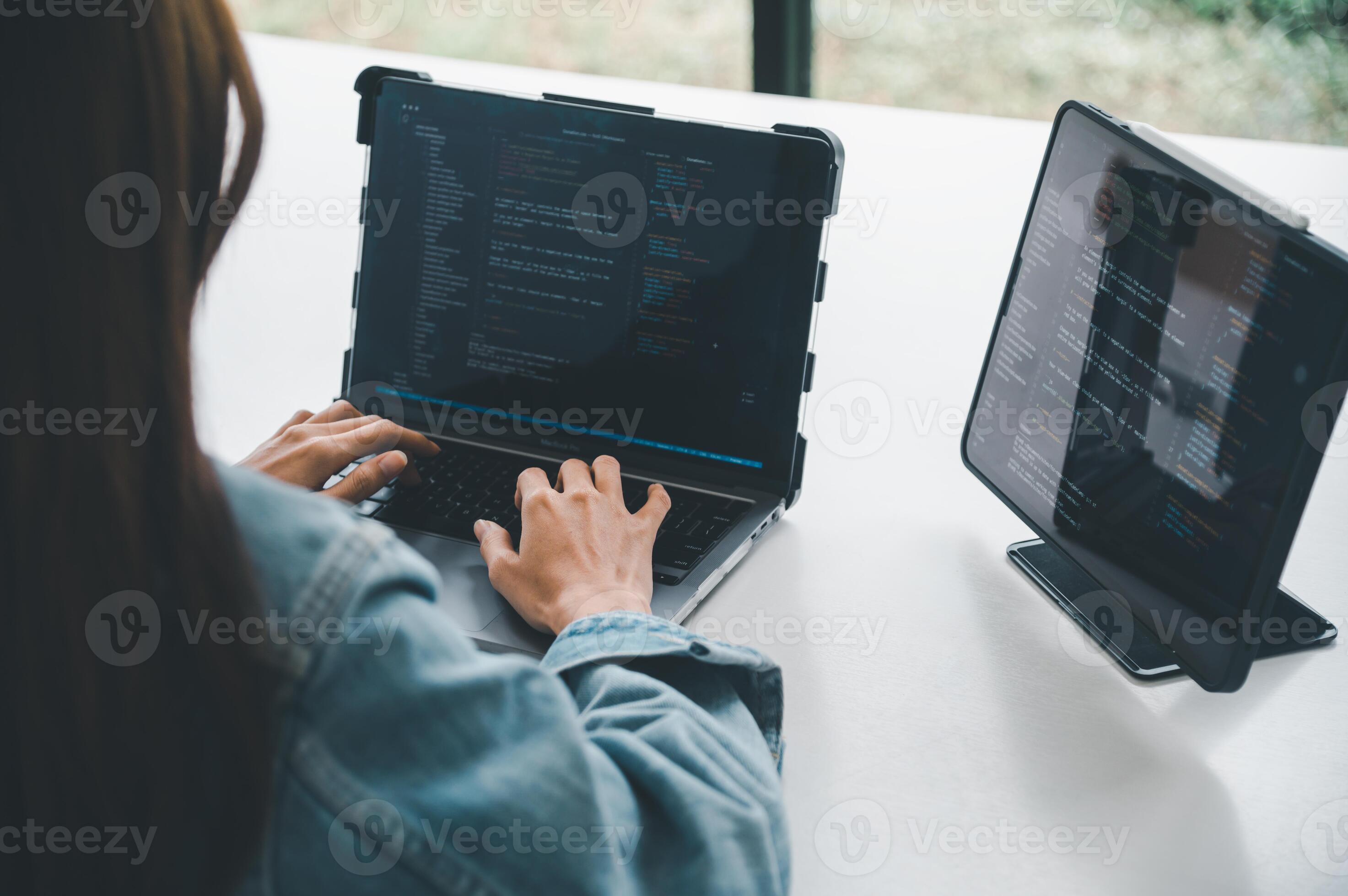 Female programmer working on coding, software development and web ...