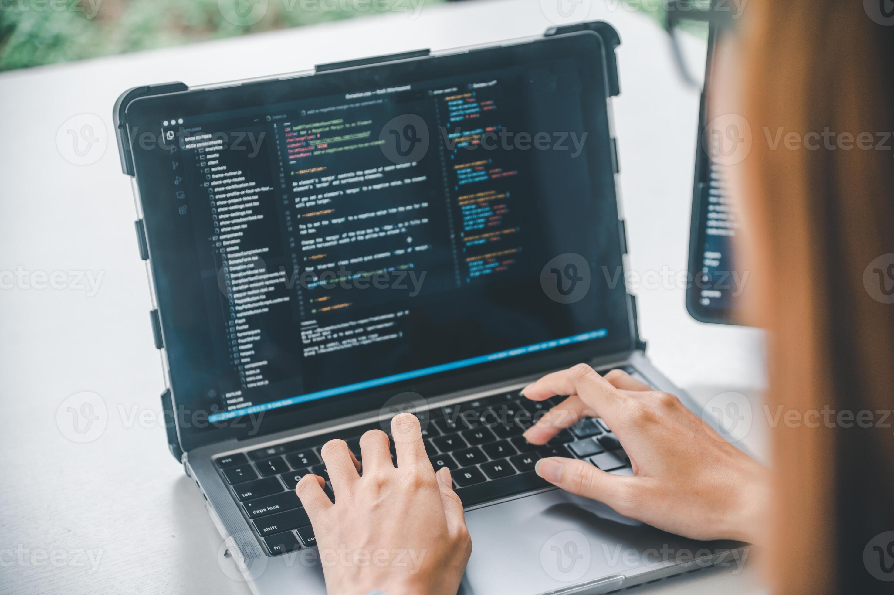 Female programmer working on coding, software development and web design.Concept technology ...