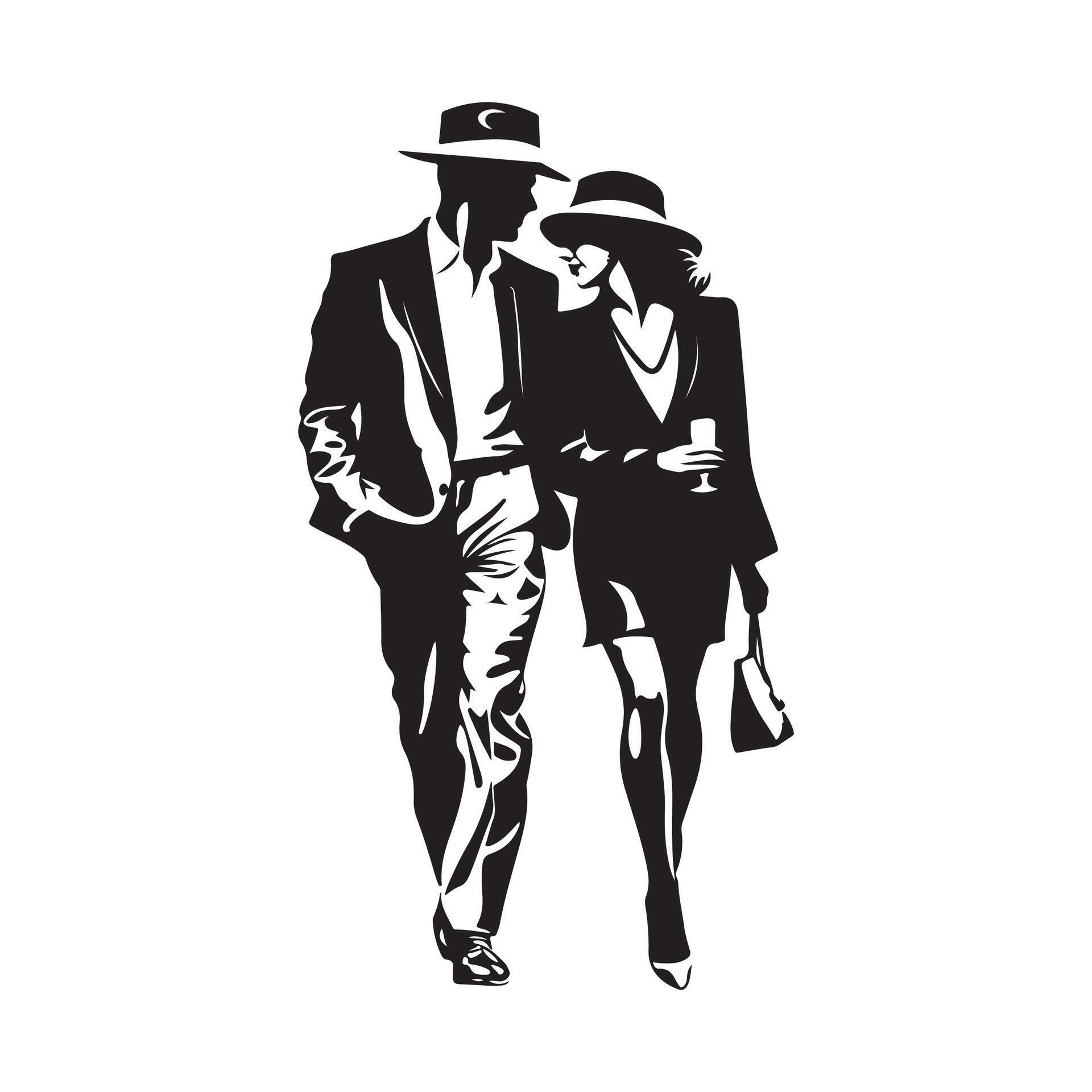 Walking couple silhouettes wearing retro style clothes, isolated on ...