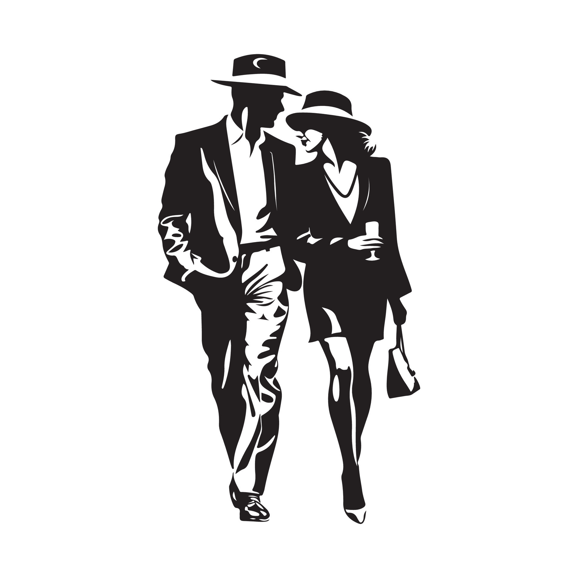 Walking couple silhouettes wearing retro style clothes, isolated on ...