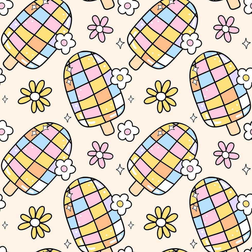 Groovy Disco popsicle Seamless Pattern Retro Summer repeat background ...
