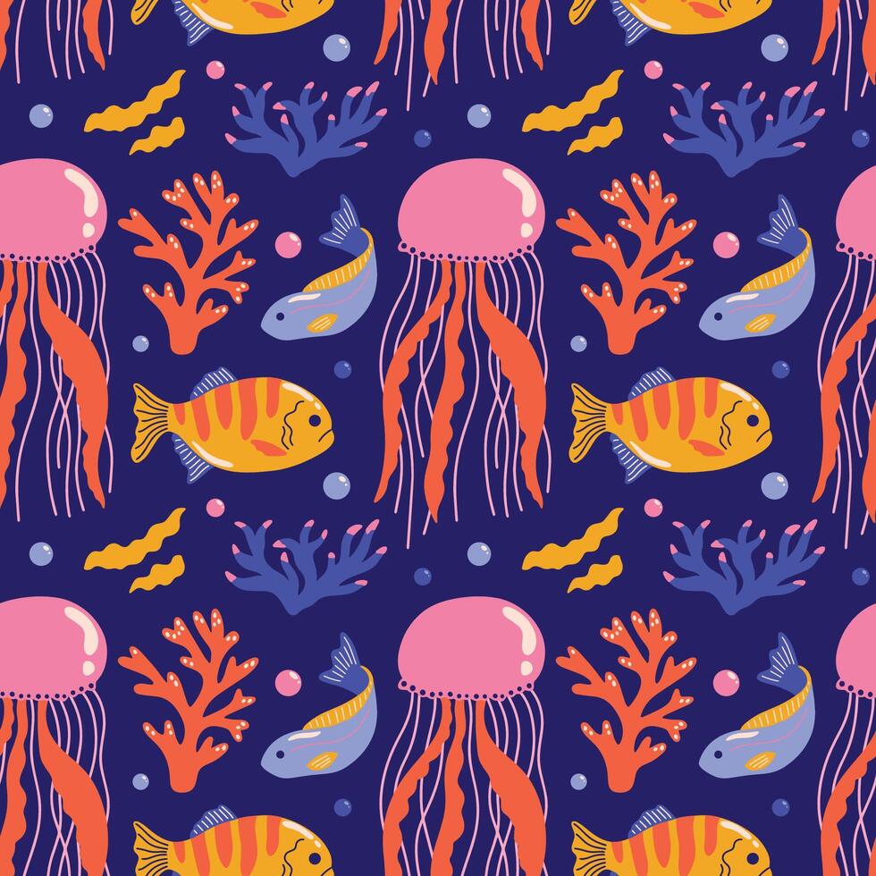 Seamless pattern with underwater sea and ocean animals, fishes, corals ...