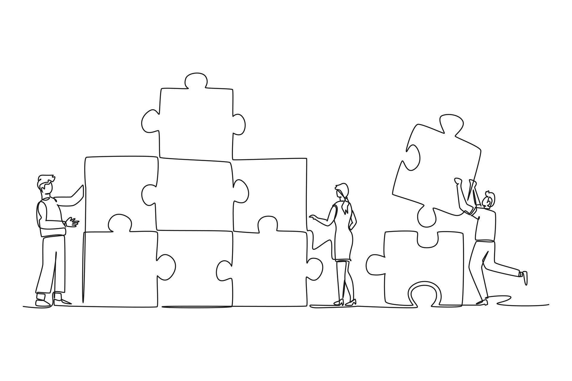 Continuous one line drawing group of young business people arrange puzzle pieces to build strong ...