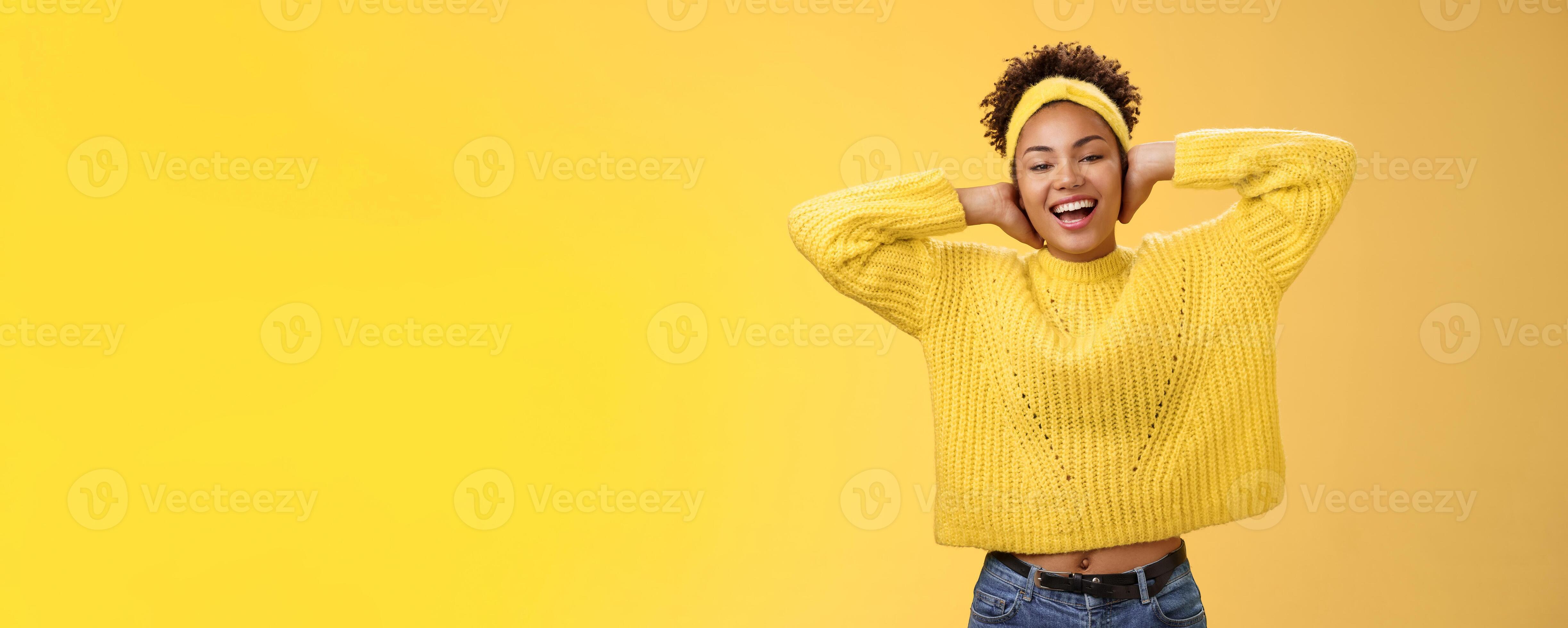 Carefree outgoing young charming african-american girl lay back hands ...