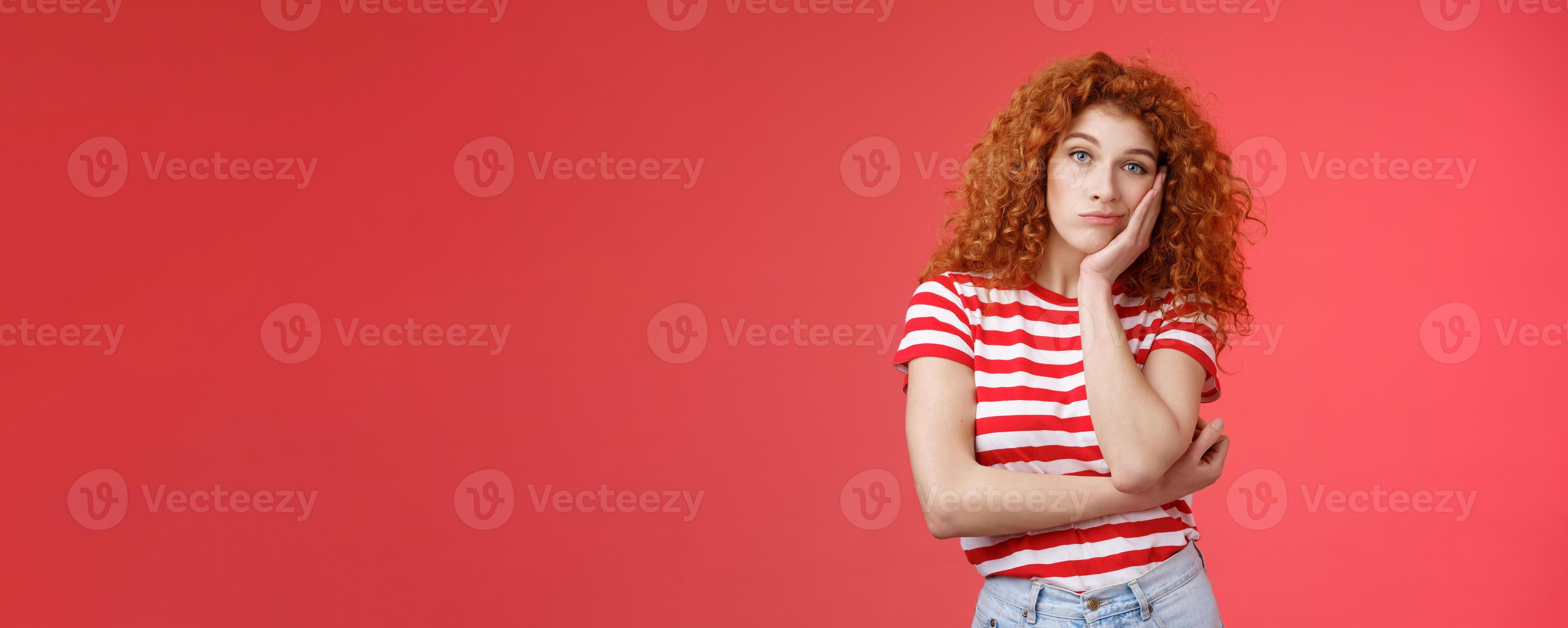 Playful redhead gorgeous girl feel sad lacking energizing party lean ...