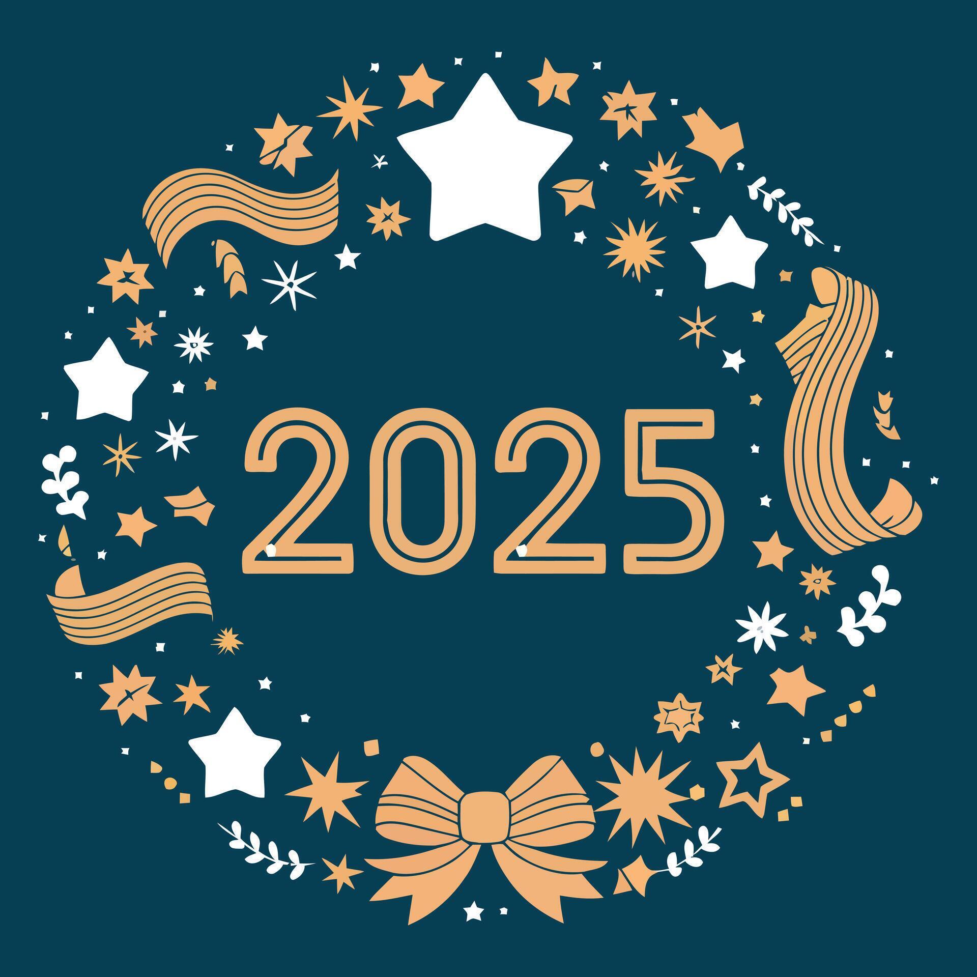 Lively 2025 New Year Festive Banner, Adorned with Stars and Ribbon Elements for a Celebratory ...