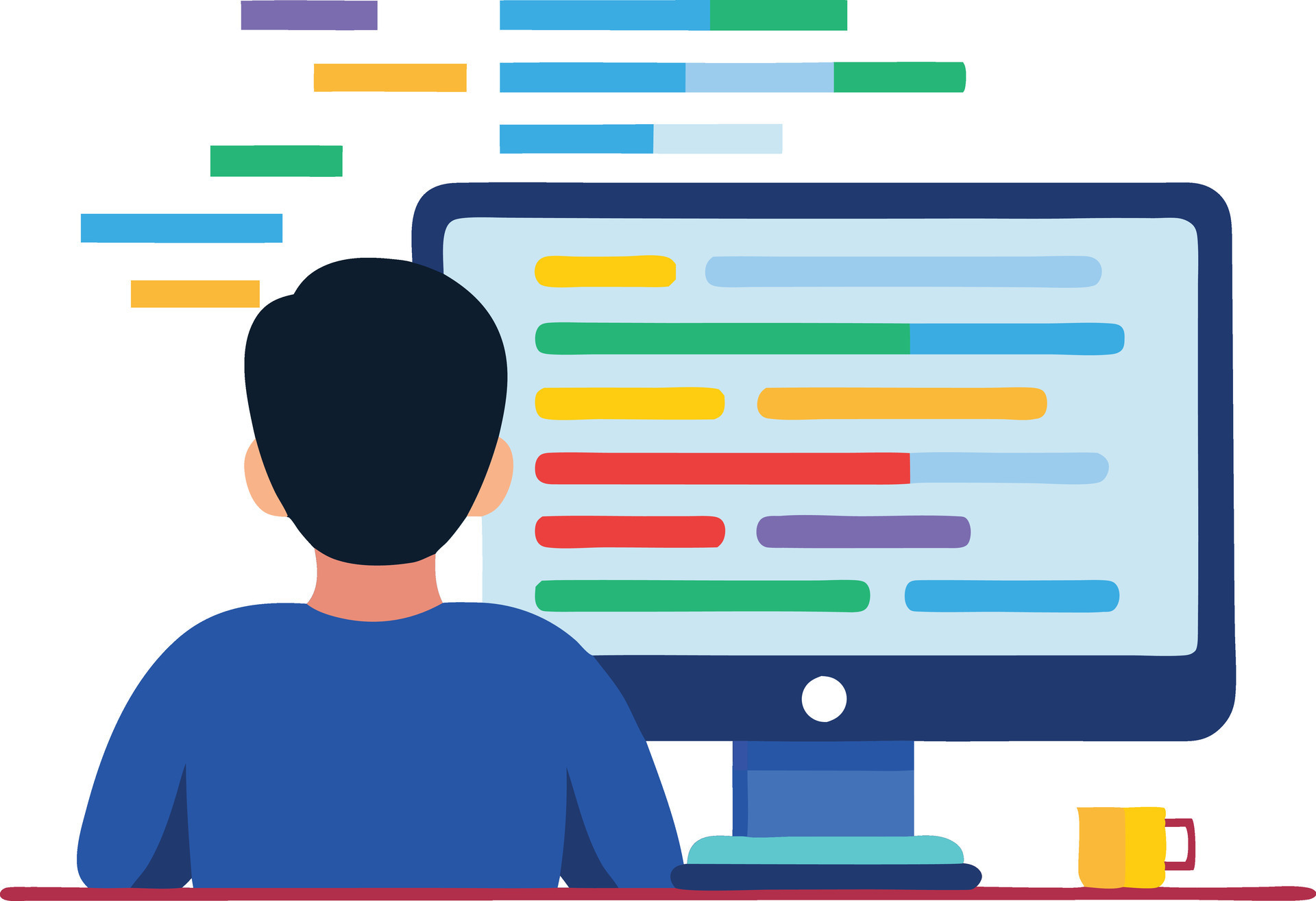 A young man programming on a computer with colorful coding displays 49937057 Vector Art at Vecteezy