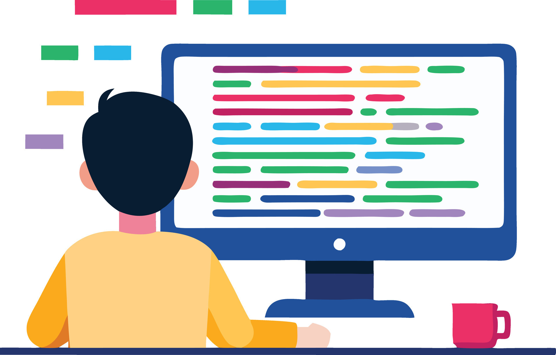 A young person coding at a computer desk with a coffee mug 49937324 ...