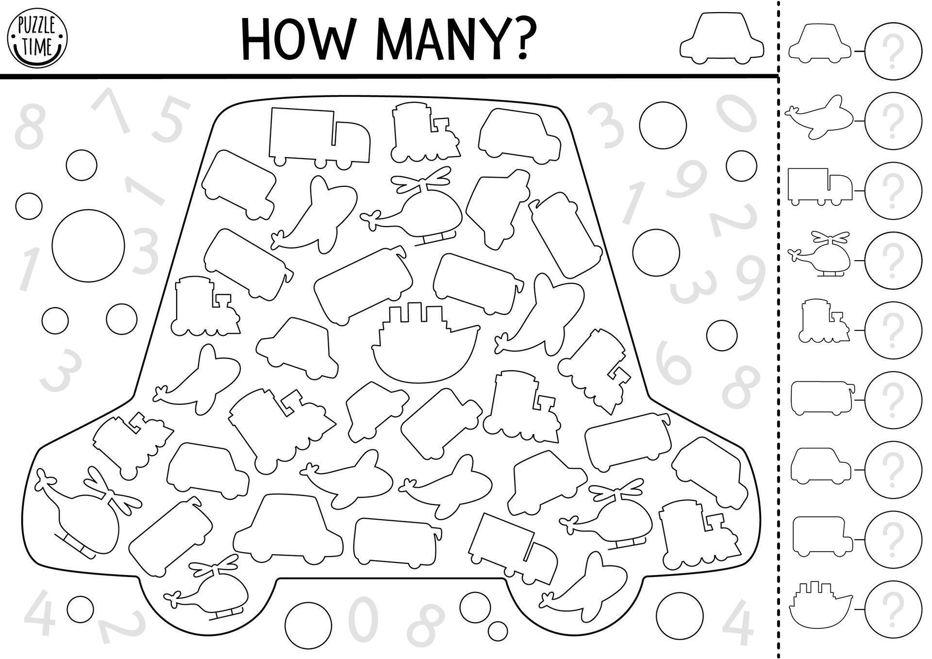 Transportation I spy black and white game for kids in vehicles shape ...