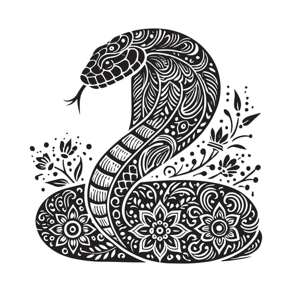 A black and white drawing of a snake with ornate patterns 49963863 ...