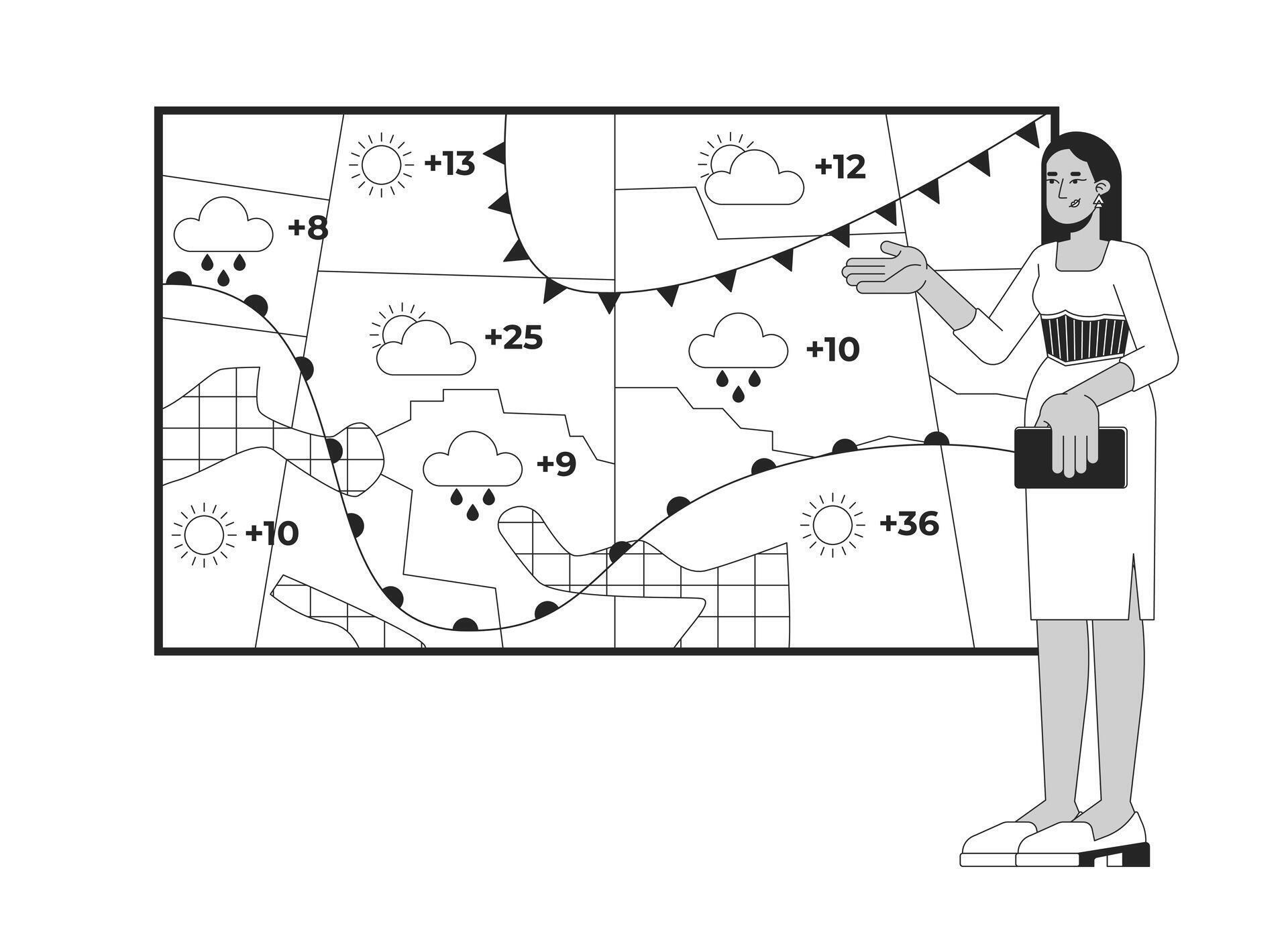 Weather presenter woman forecasting precipitations, temperature black ...