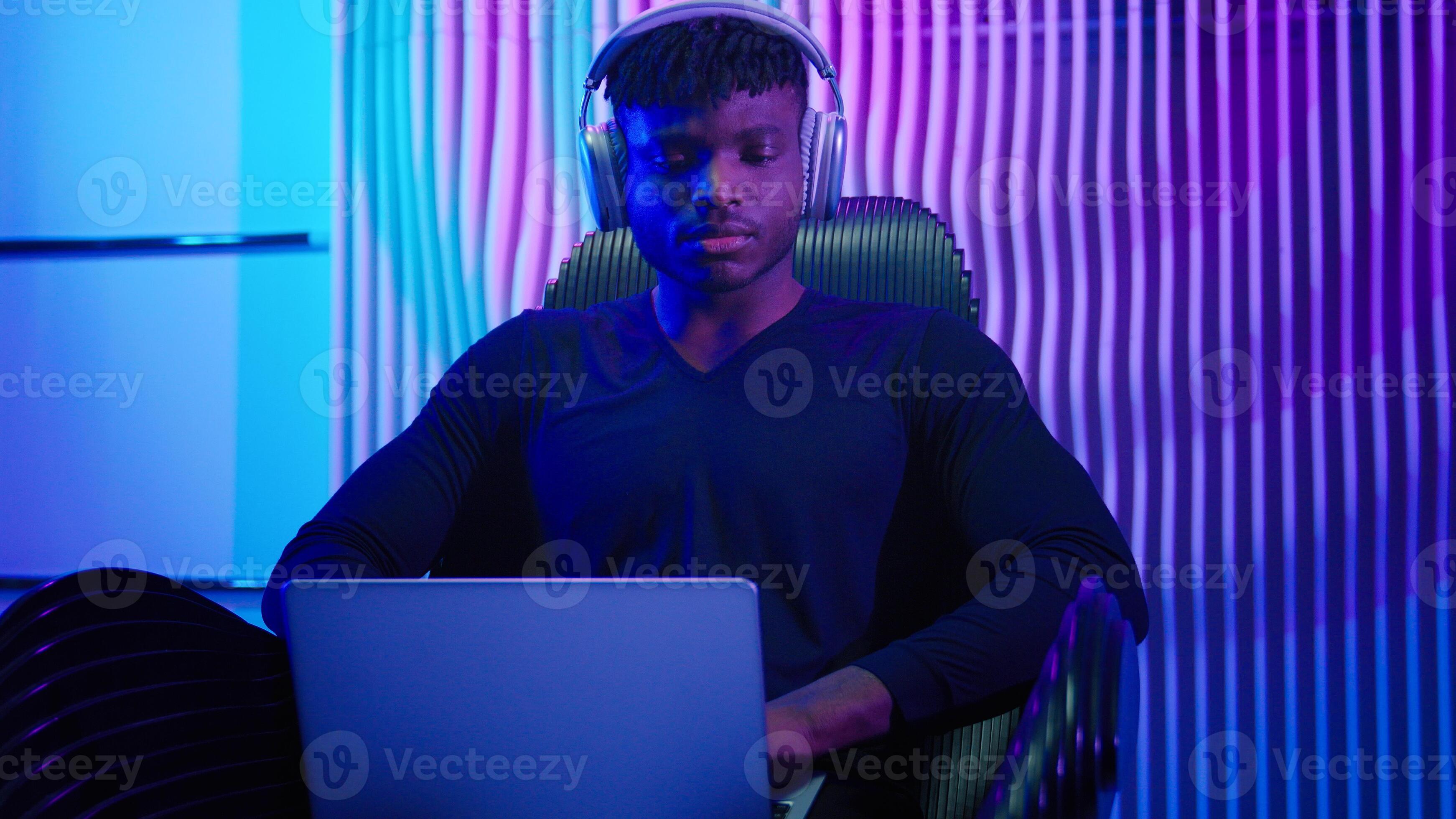Hacker Programmer Computer Worker Gamer African American Man In Headphones Male Guy Typing