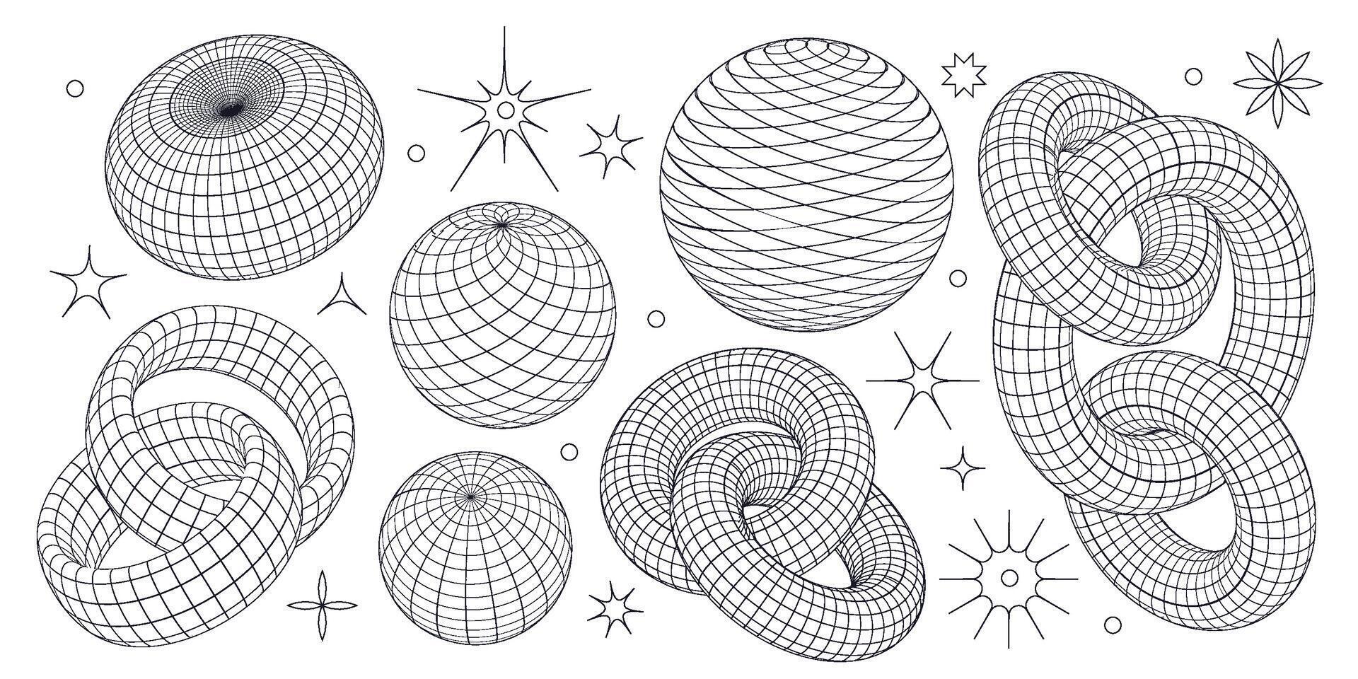 Set Of Wireframe 3d Geometric Shapes Wire Frame Abstract Figures Mesh Grids Of Intertwined