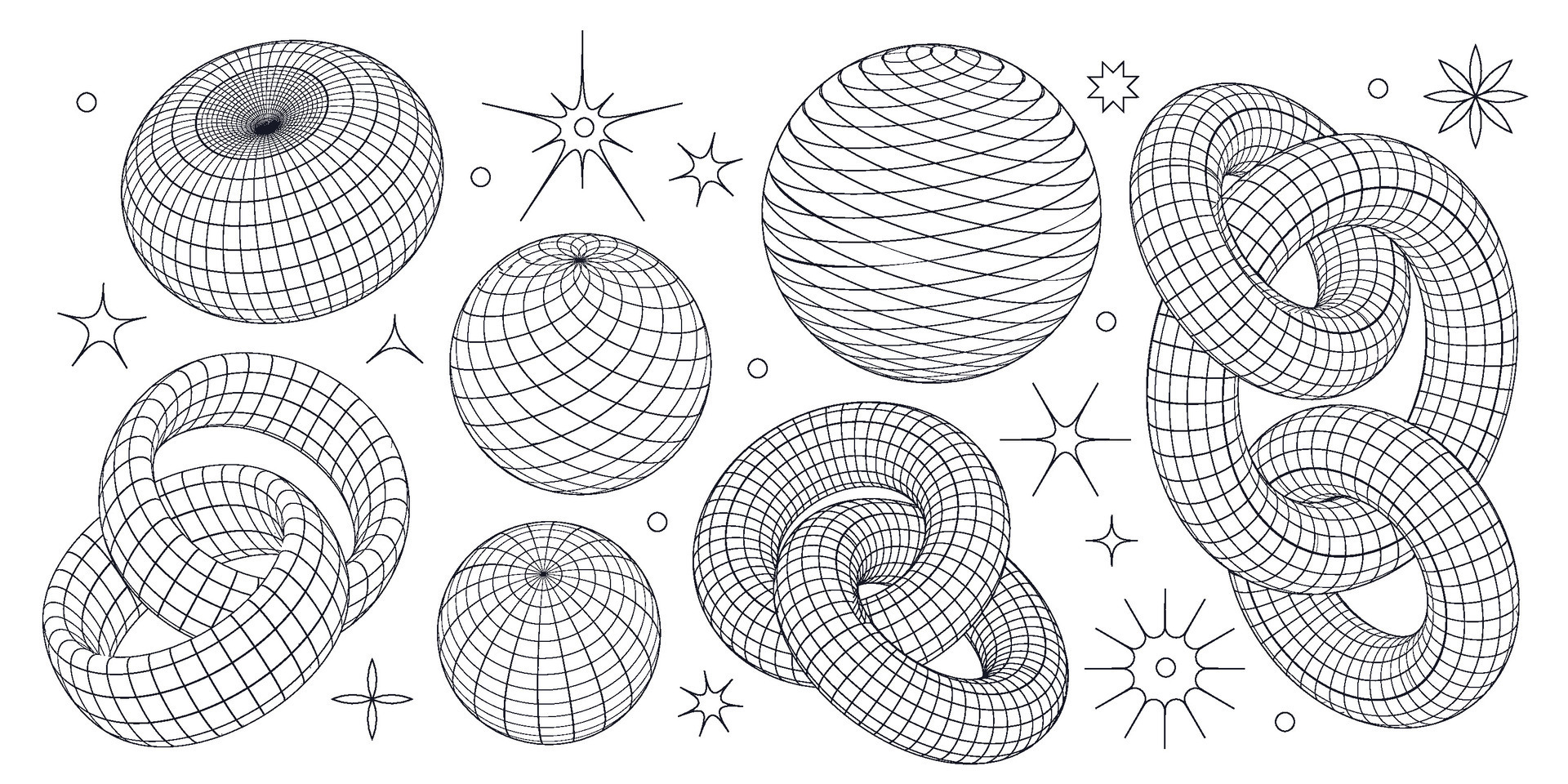 Set Of Wireframe 3d Geometric Shapes Wire Frame Abstract Figures Mesh