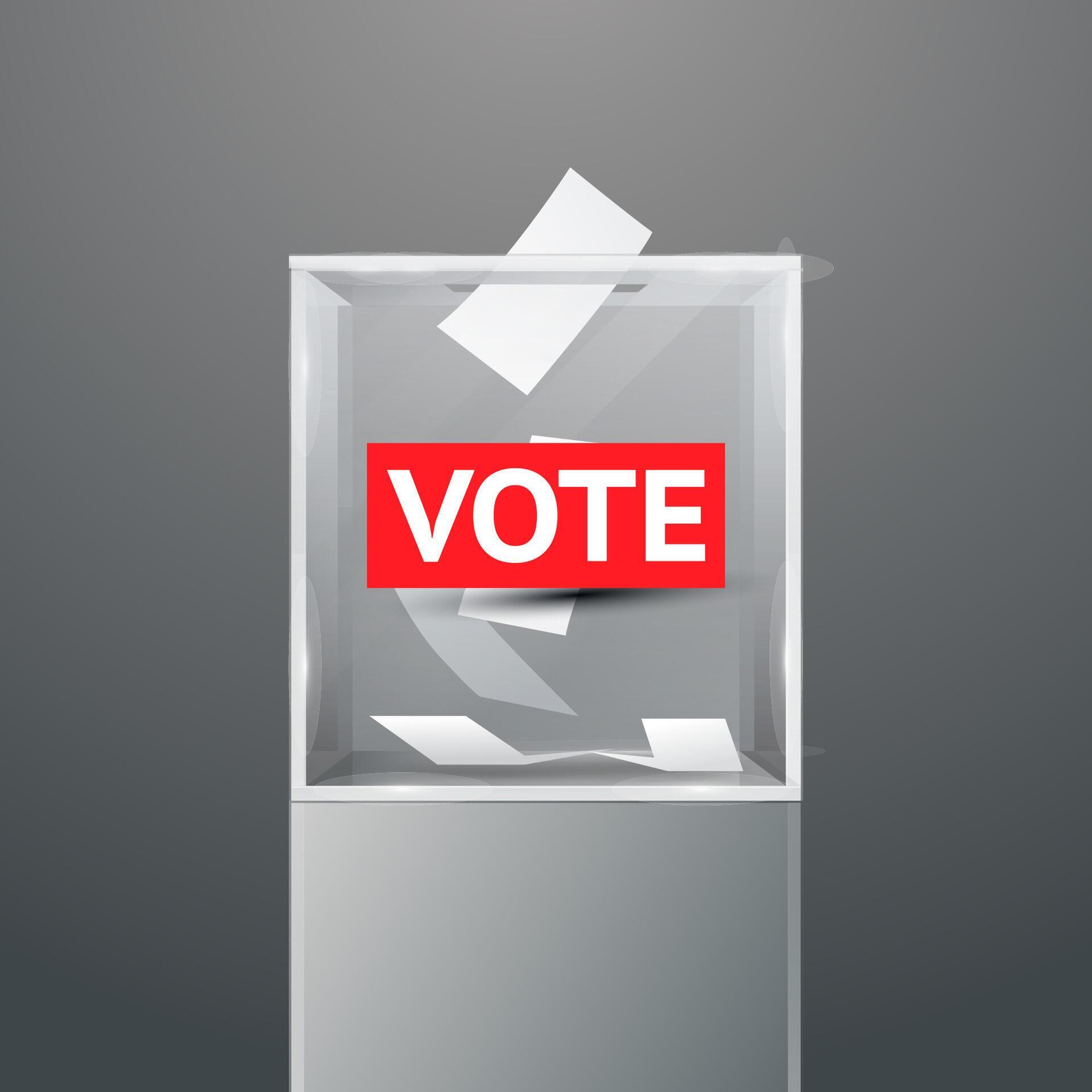 Glass ballot box on podium with text Vote on red. Voting white paper in hole. Transparent voting ...