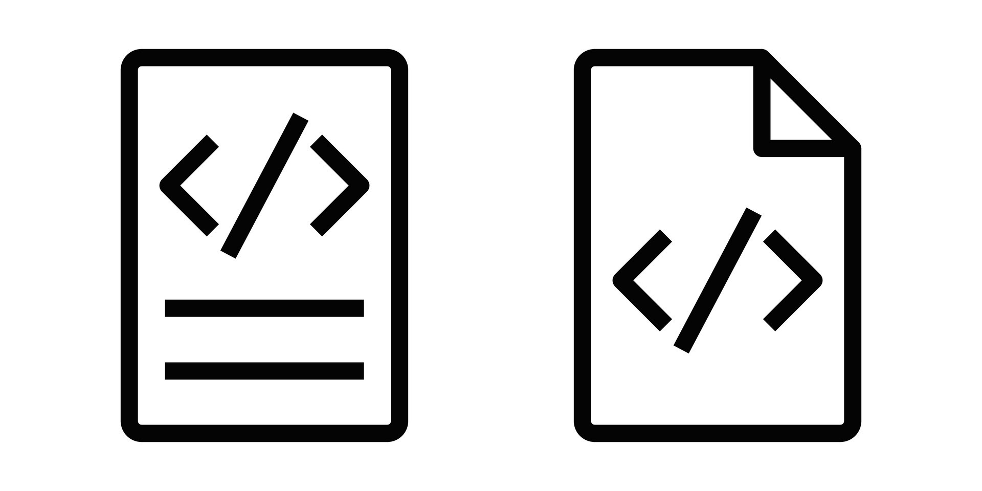 Illustration of two black and white code document icons with HTML ...