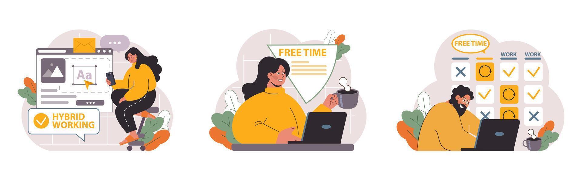 Hybrid work set. Characters with a flexible schedule, working from office 50004882 Vector Art at ...