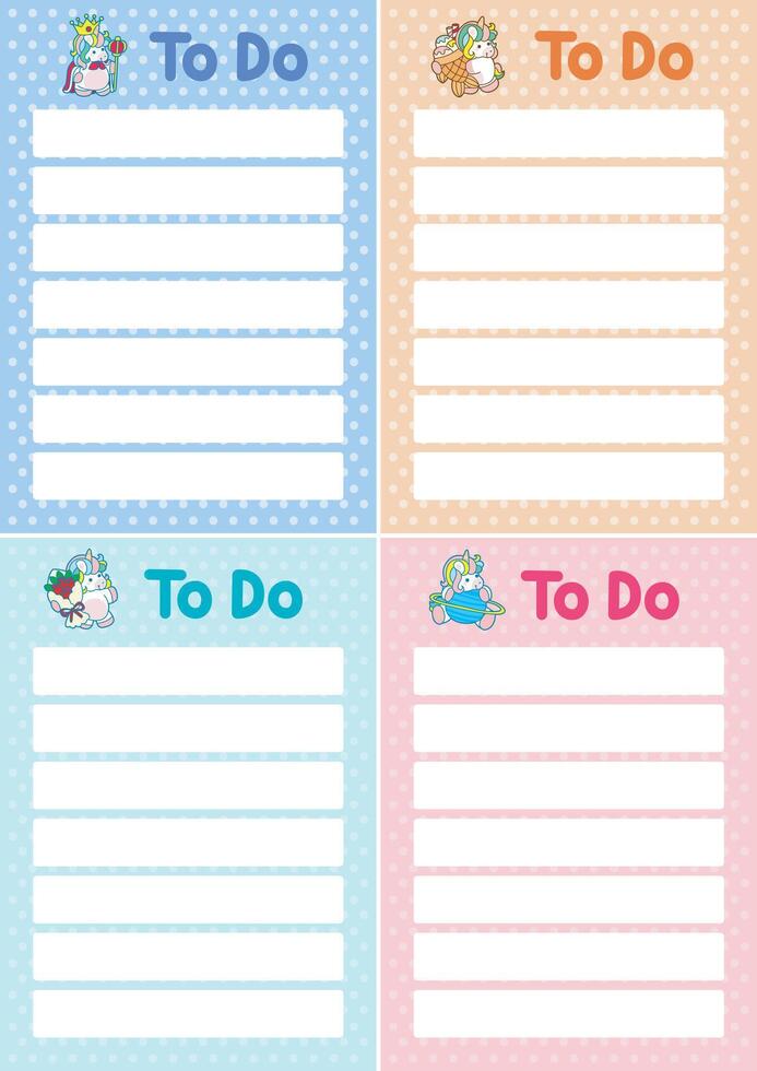Printable daily plan with cute unicorn with rainbow color. To do notes ...