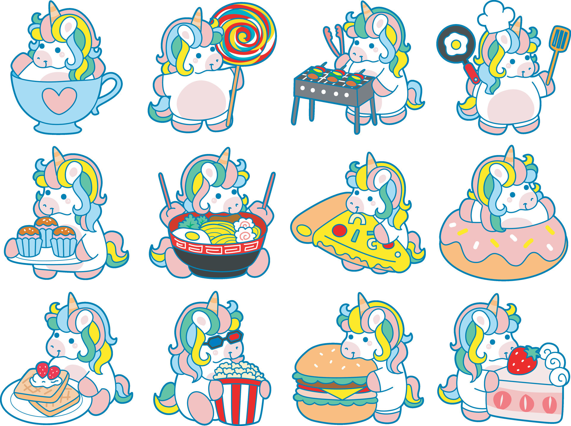 Illustration of cute unicorn activities icon. Funny rainbow unicorn ...