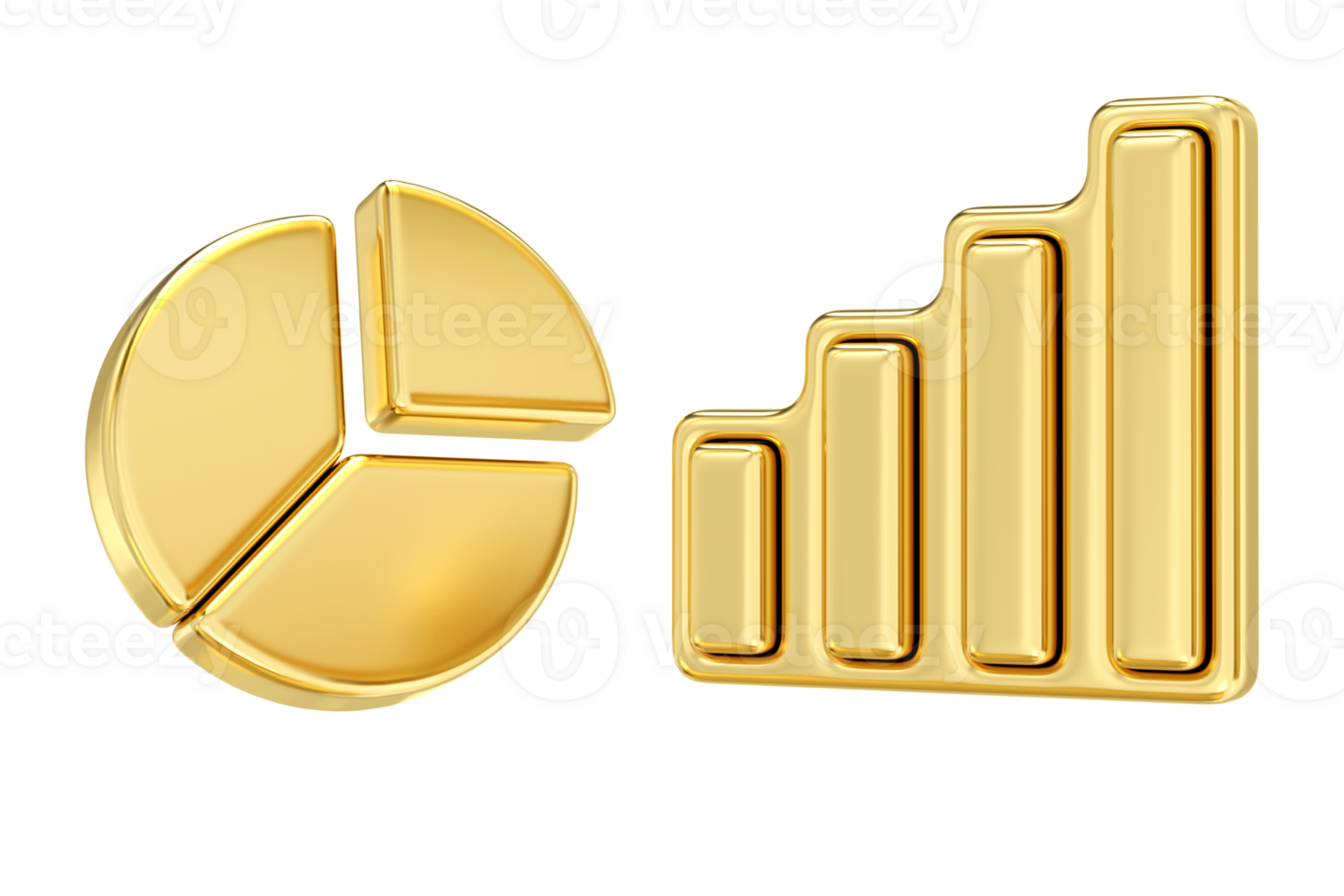 Golden pie chart and bar graph, business success growth and data ...