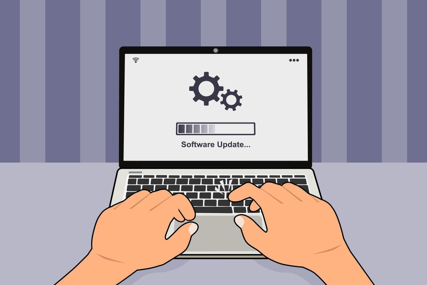 A Laptop On The Table With Updating Progress Bar On Screen Software System Update Process