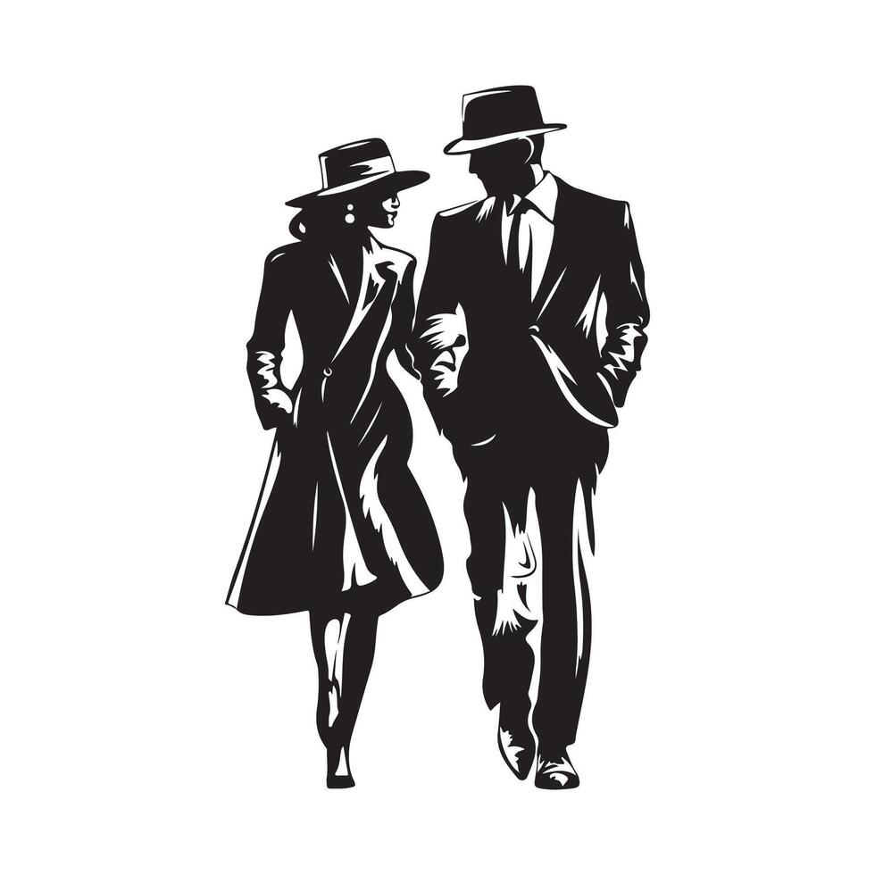 Romantic couple silhouettes wearing retro style clothes, isolated on ...