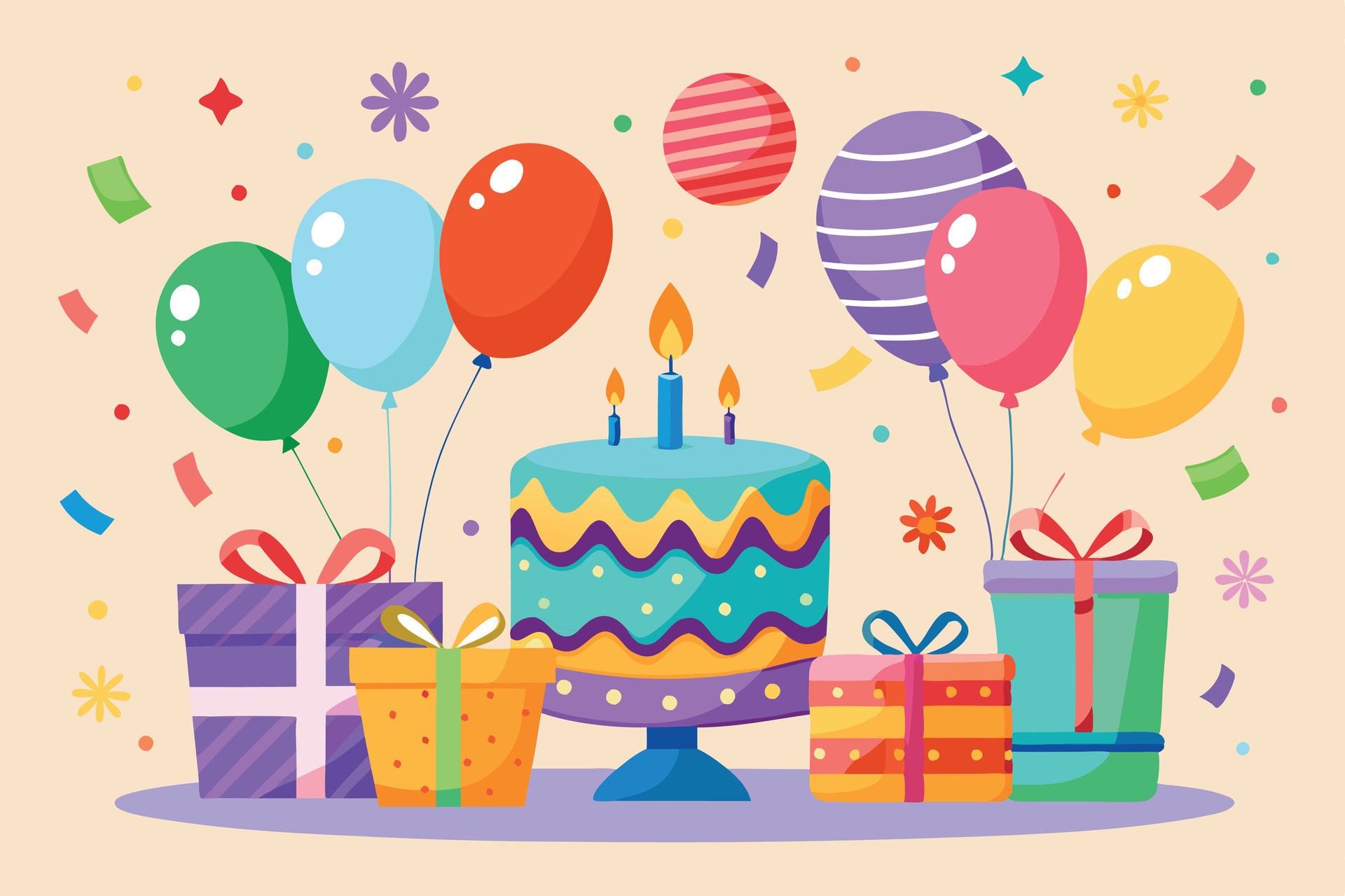 Birthday cake with balloons and gifts 50038063 Vector Art at Vecteezy