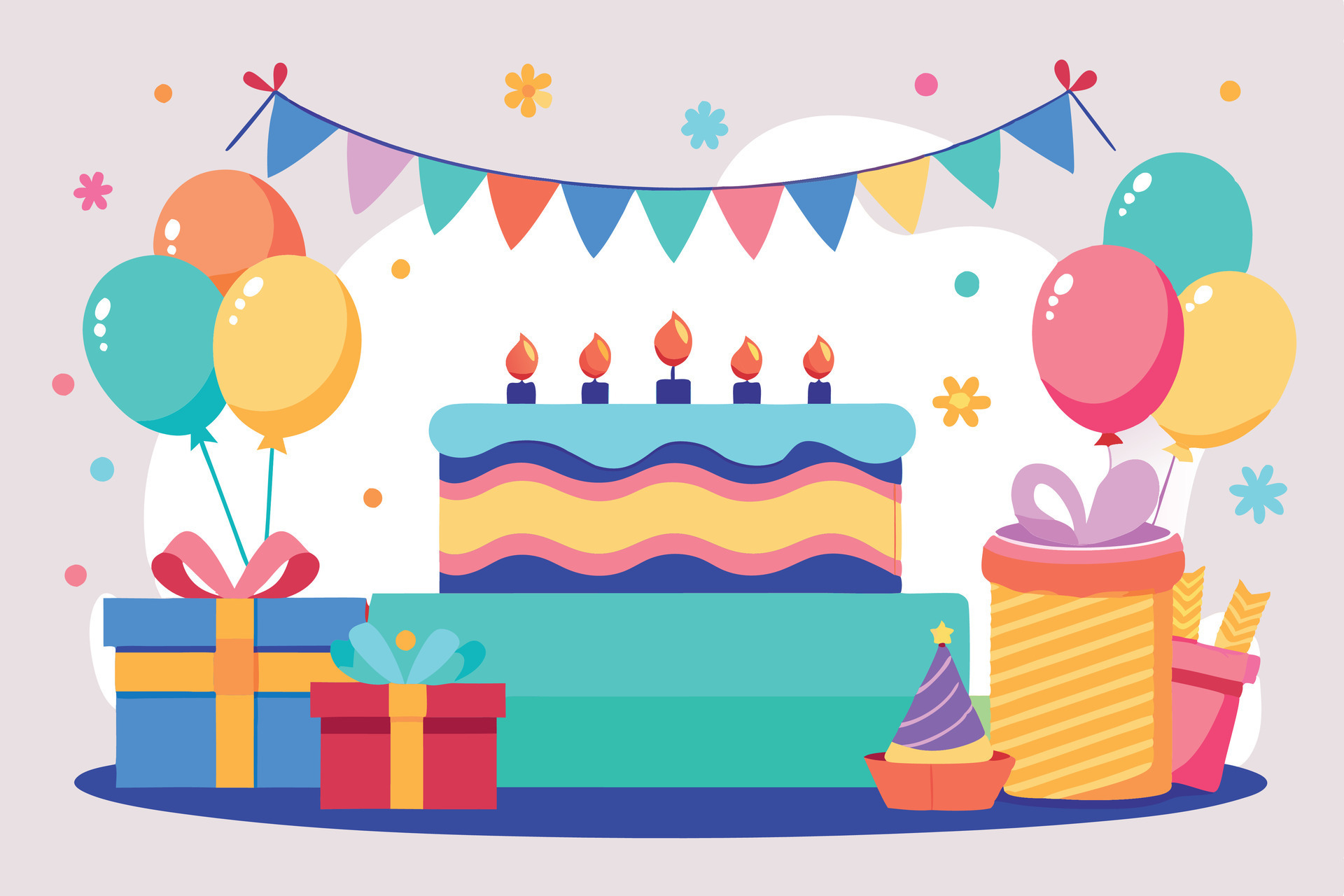 Birthday cake with balloons and gifts illustration 50038229 Vector Art ...