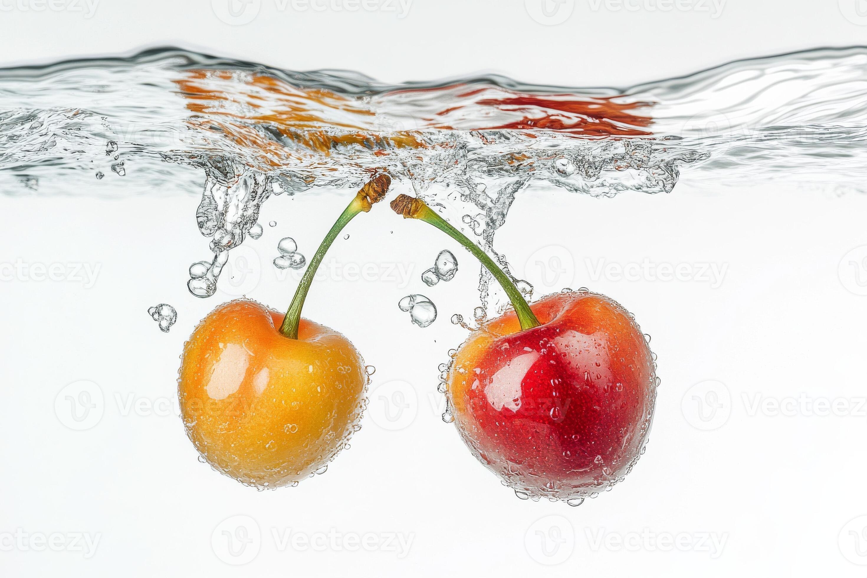 Two cherries are floating in water with bubbles 50058283 Stock Photo at Vecteezy