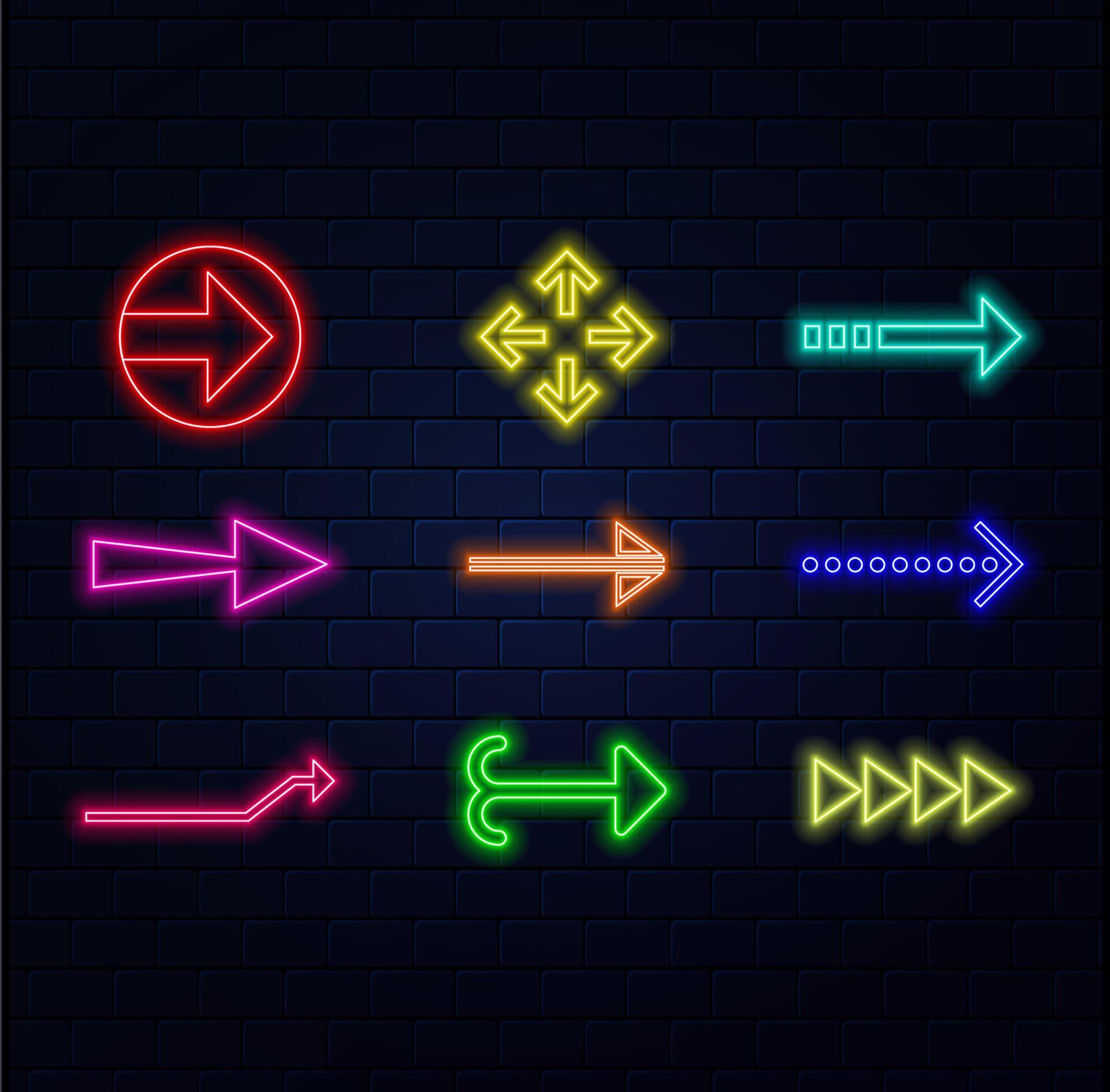 Bright blue color neon light arrow pointing left. left arrow neon glow icon black background ...