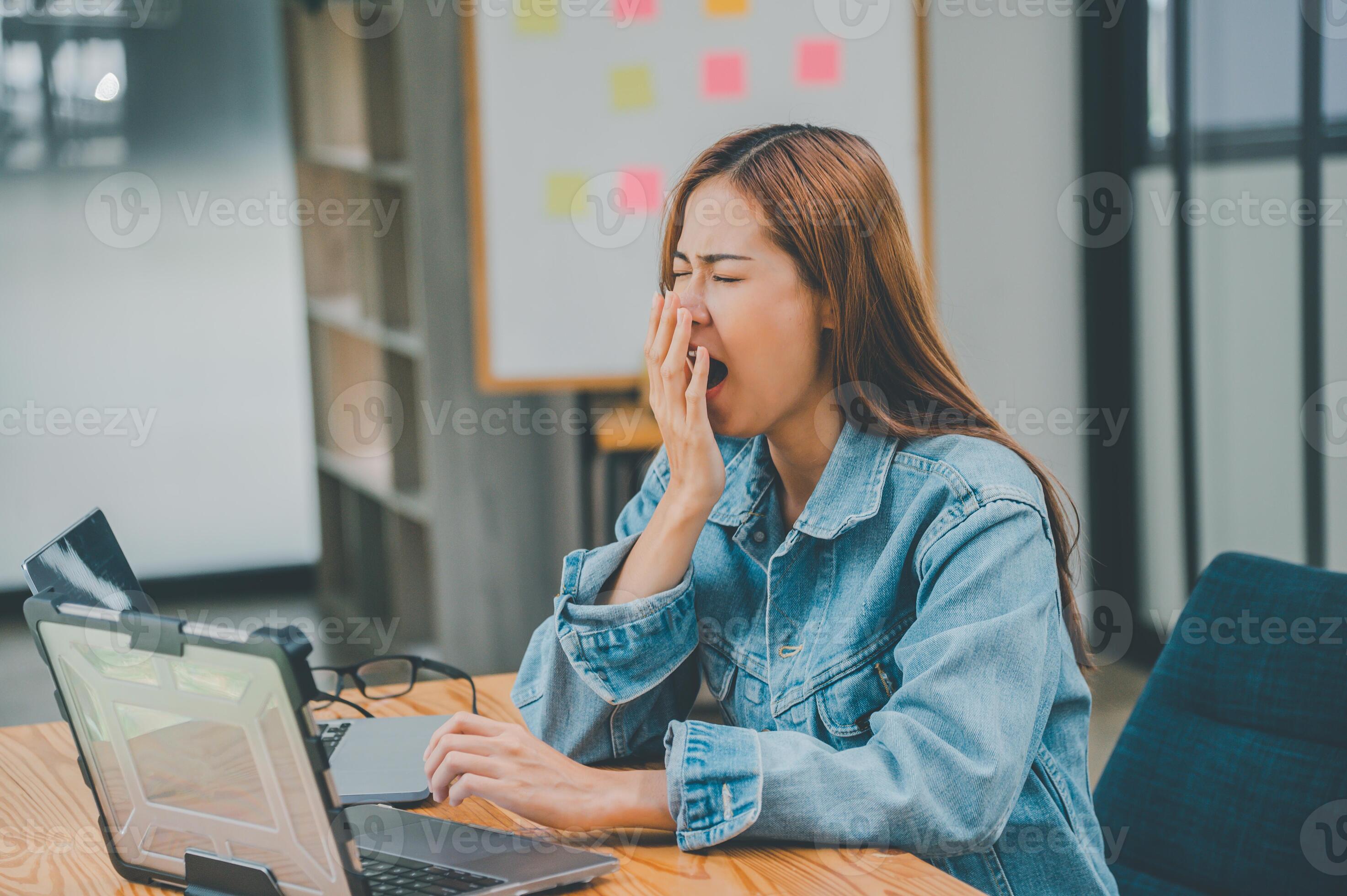 Female programmers are sleepy and exhausted after working and planning to work on programming ...