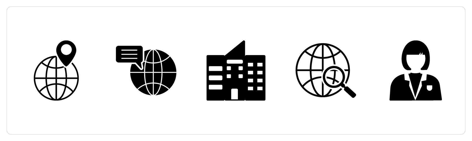 A set of 5 Mix icons as global location, global communication, building ...