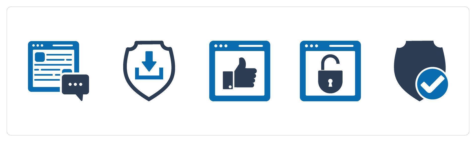 A set of 5 Internet icons as webpage reviews, download shield, like ...
