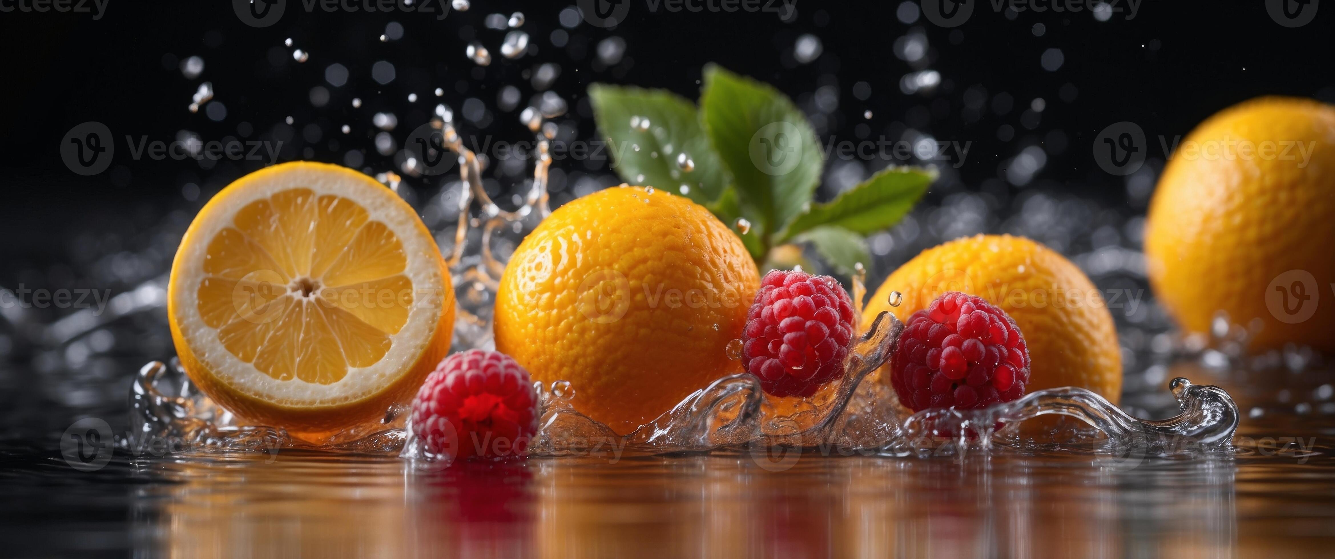 Citrus Fruit and Raspberries Splashing in Water. 50080941 Stock Photo at Vecteezy
