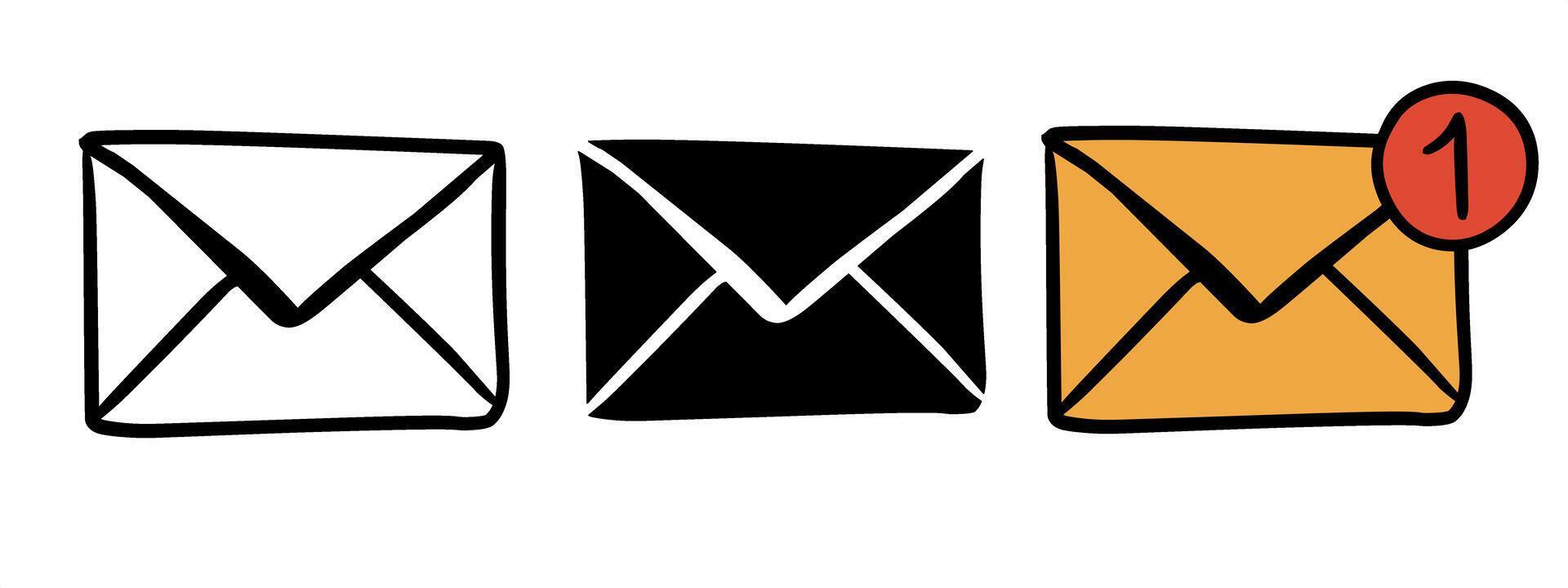 Hand drawn Mail notification icon set.. E-mail envelope icon. Notification new message inbox ...