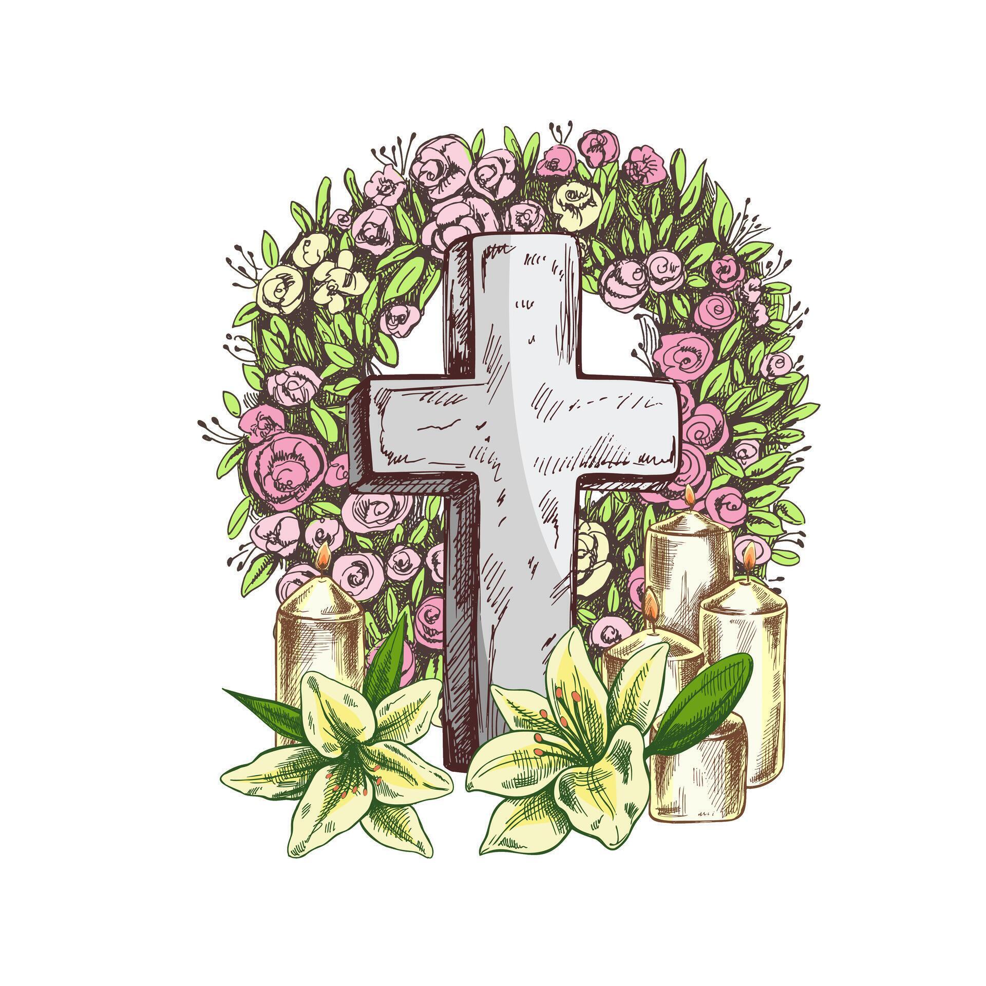 Old marble stone christ cross with a wreath, candles and lilies. hand drawn isolated . Sketch ...
