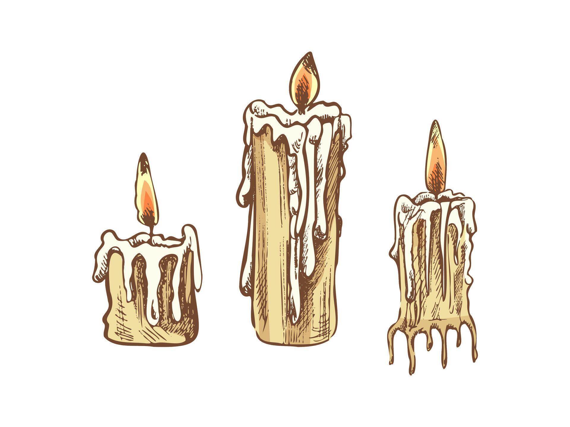 Hand drawn sketch of burning candle. illustration of a vintage style. Halloween or Christmas ...