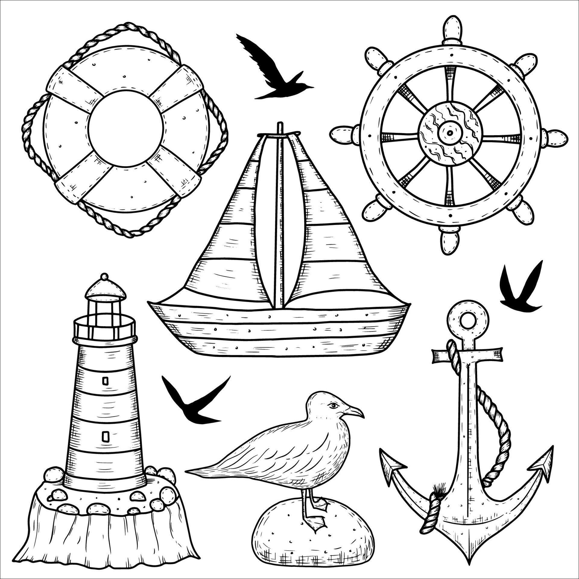 Nautical set with a lighthouse, steering wheel, lifebuoy, anchor, boat, seagull. illustration ...