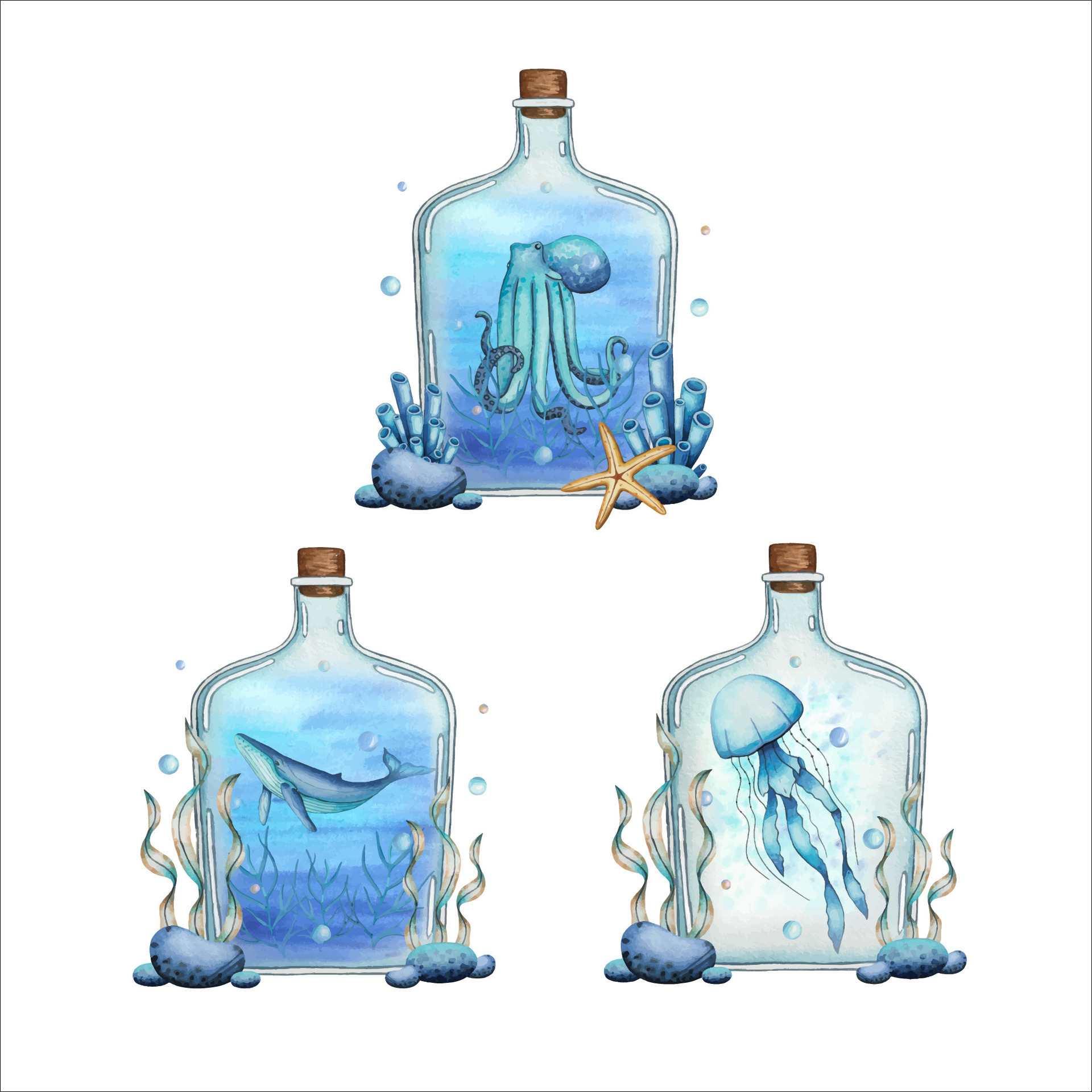 Hand drawn bottles with the sea animals, watercolor illustration 50086344 Vector Art at Vecteezy